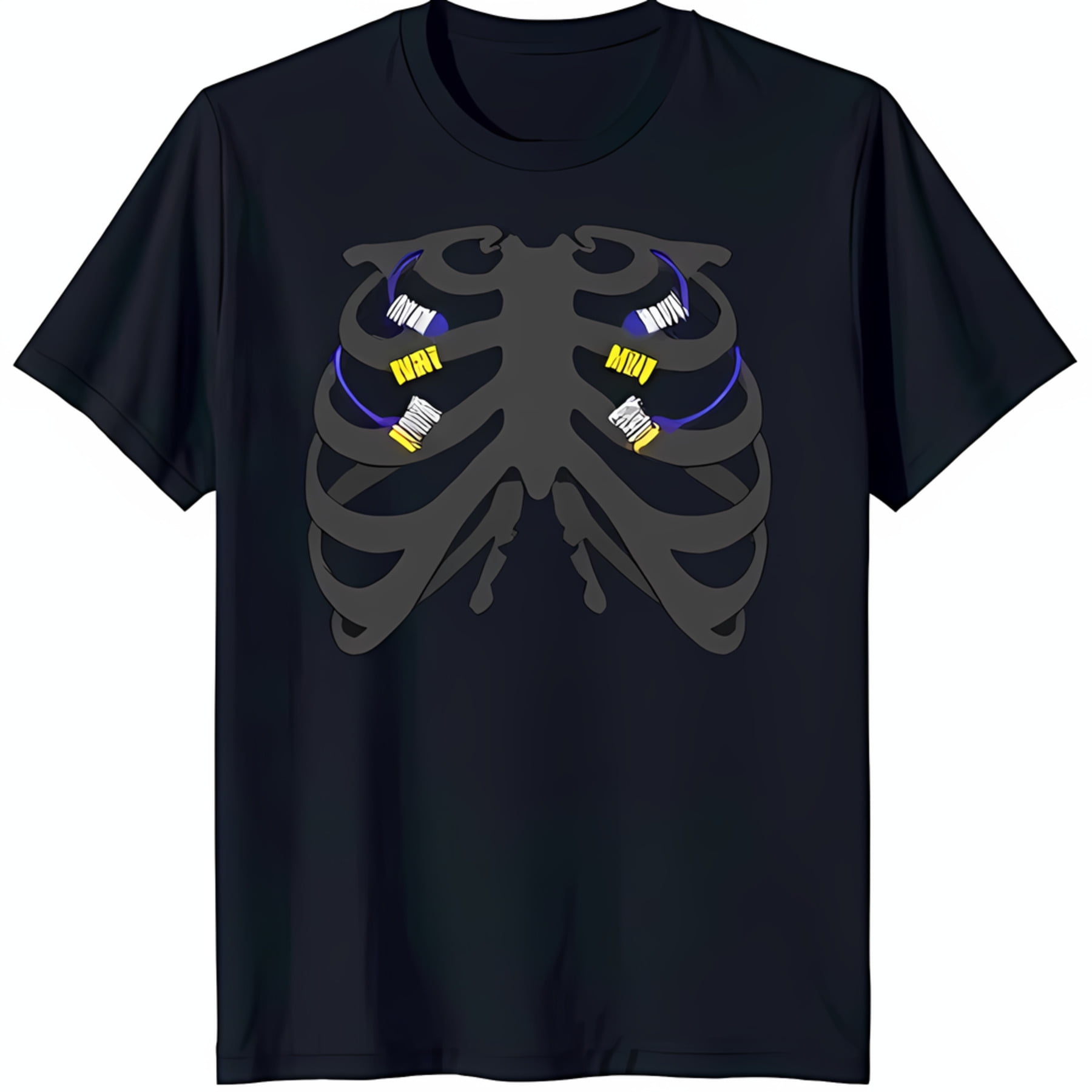 Black T-Shirt with Unique Ribcage Design Featuring Blue Wires & Yellow ...
