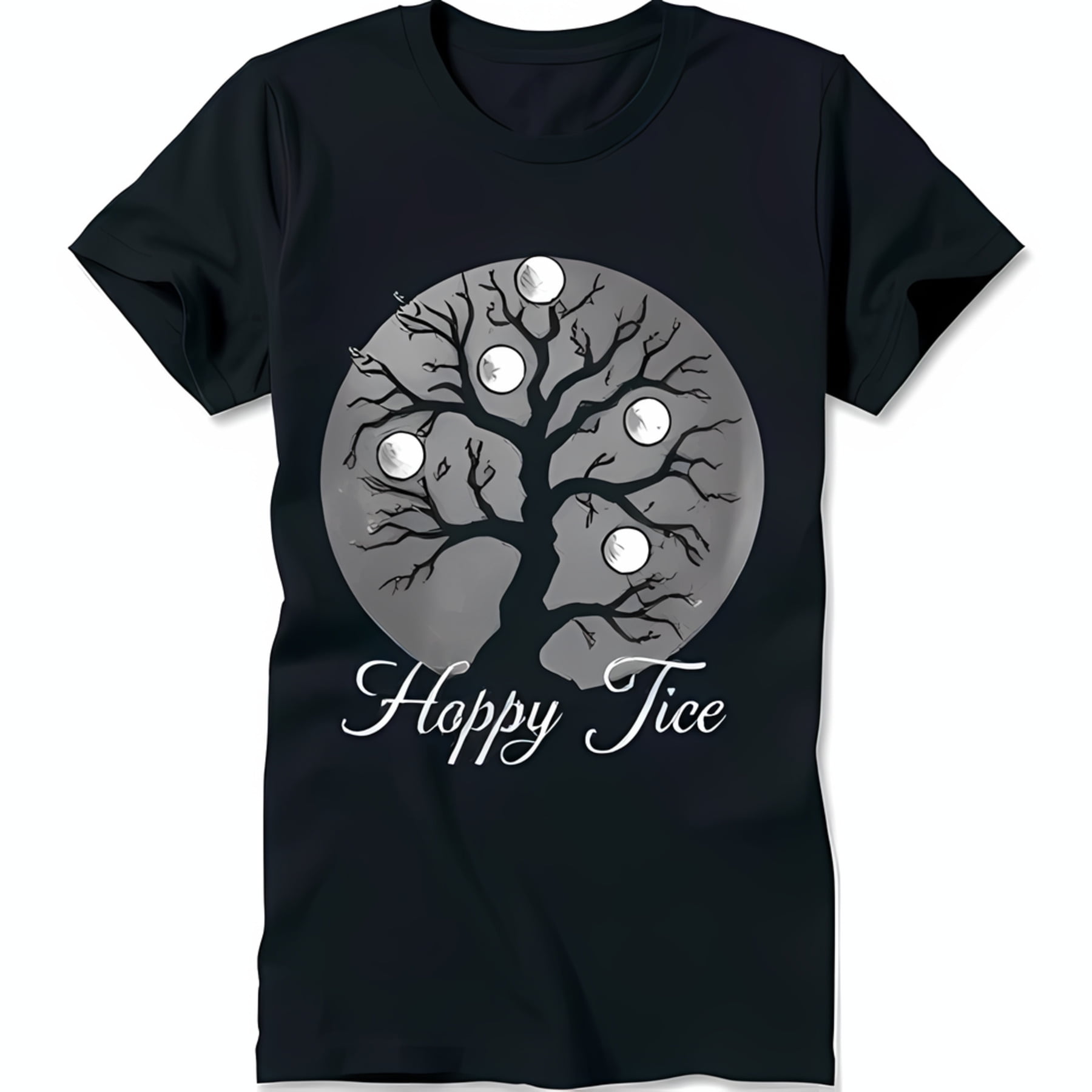 Black T-Shirt with Unique Tree and Five Moons Graphic 'Happy Tice ...