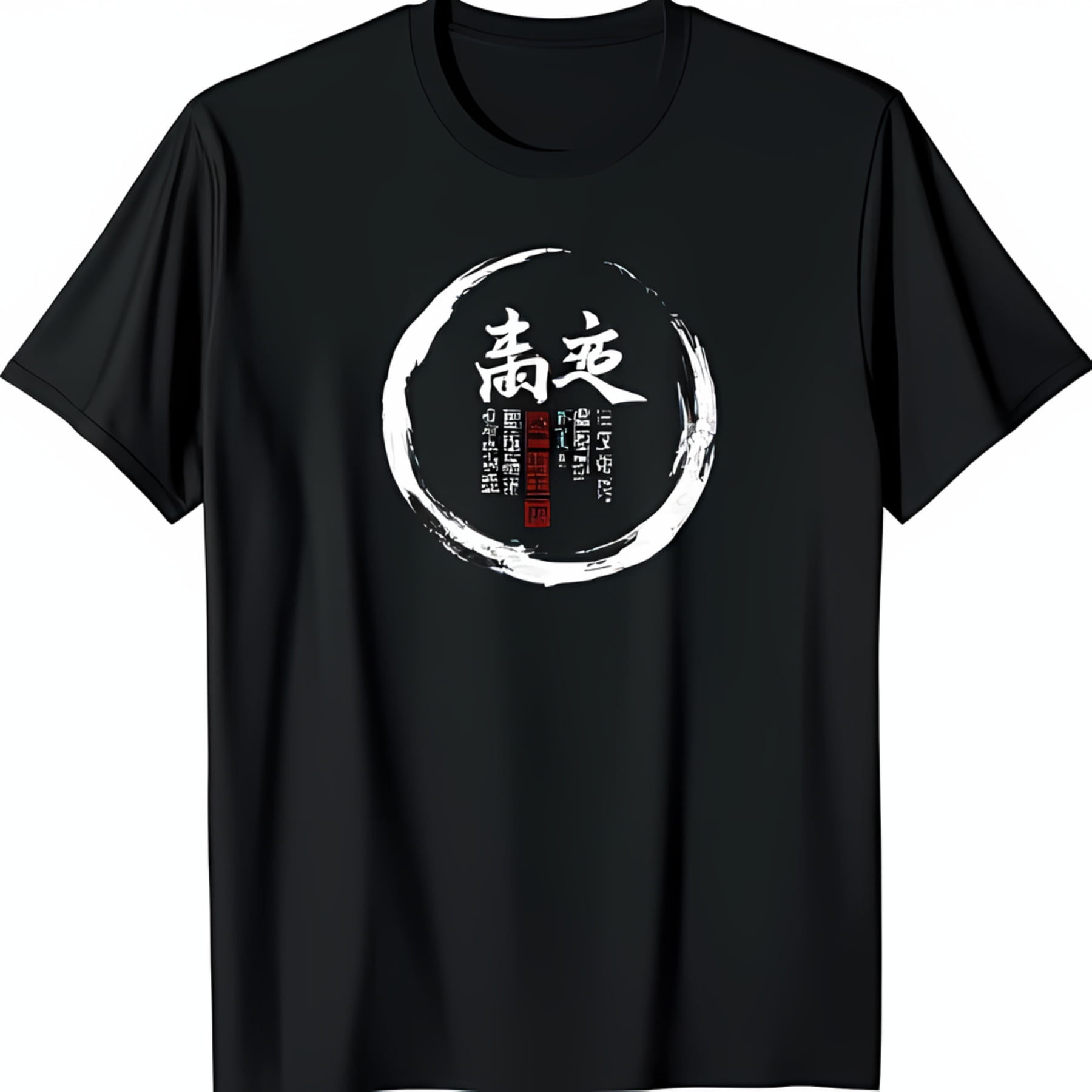 Black T-Shirt with Unique White Circle Design Featuring Black Chinese ...