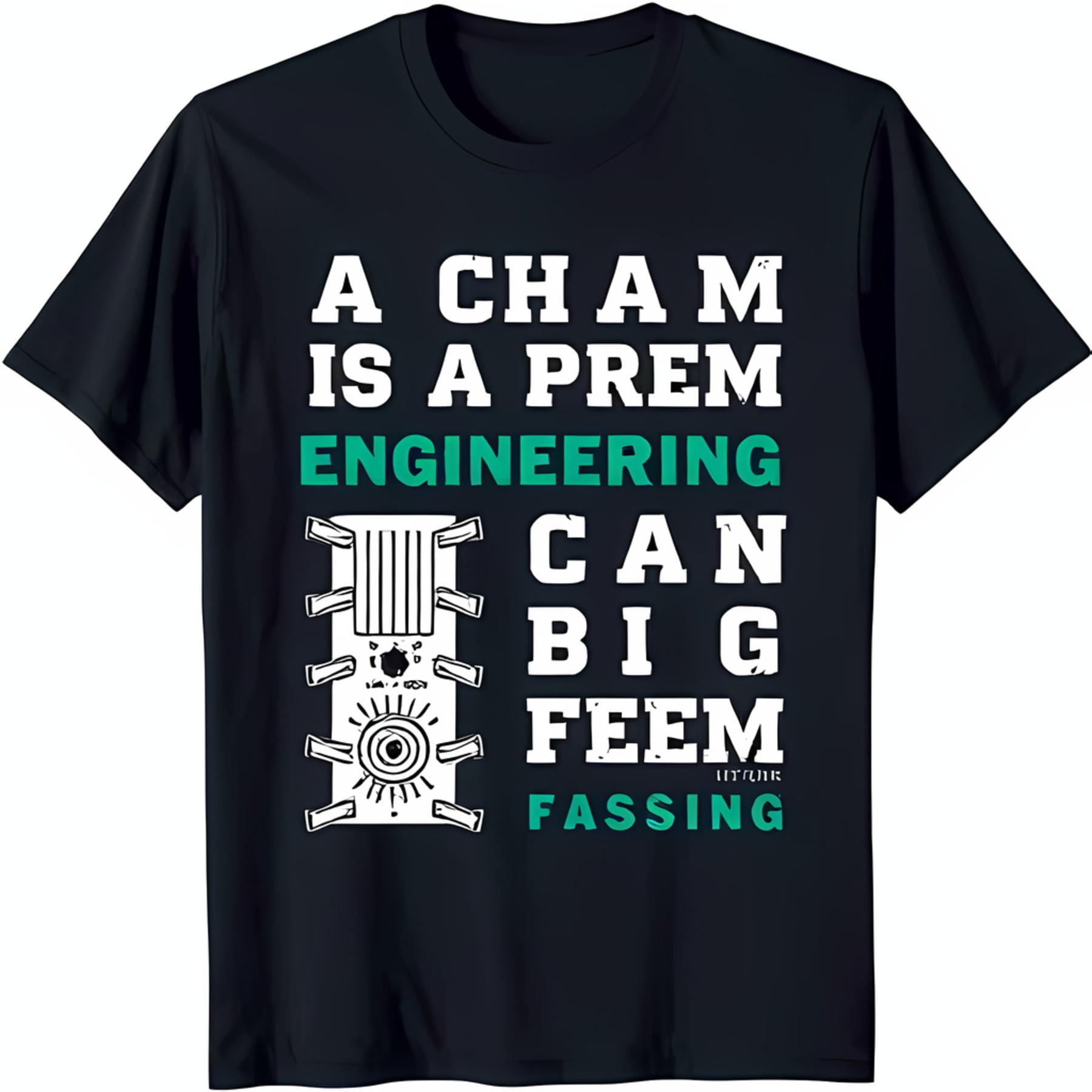 Black T-Shirt with Unique White Gear Design 'A Cham Is A Prem ...
