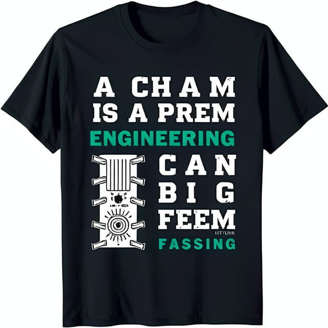 Black T-Shirt with Unique White Graphic: 'A Cham Is A Prem Engineering Can Big Feem Fassing ...