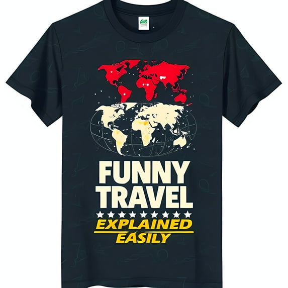 Black T-Shirt with Unique World Map Graphic Red & Cream Design 'Funny ...