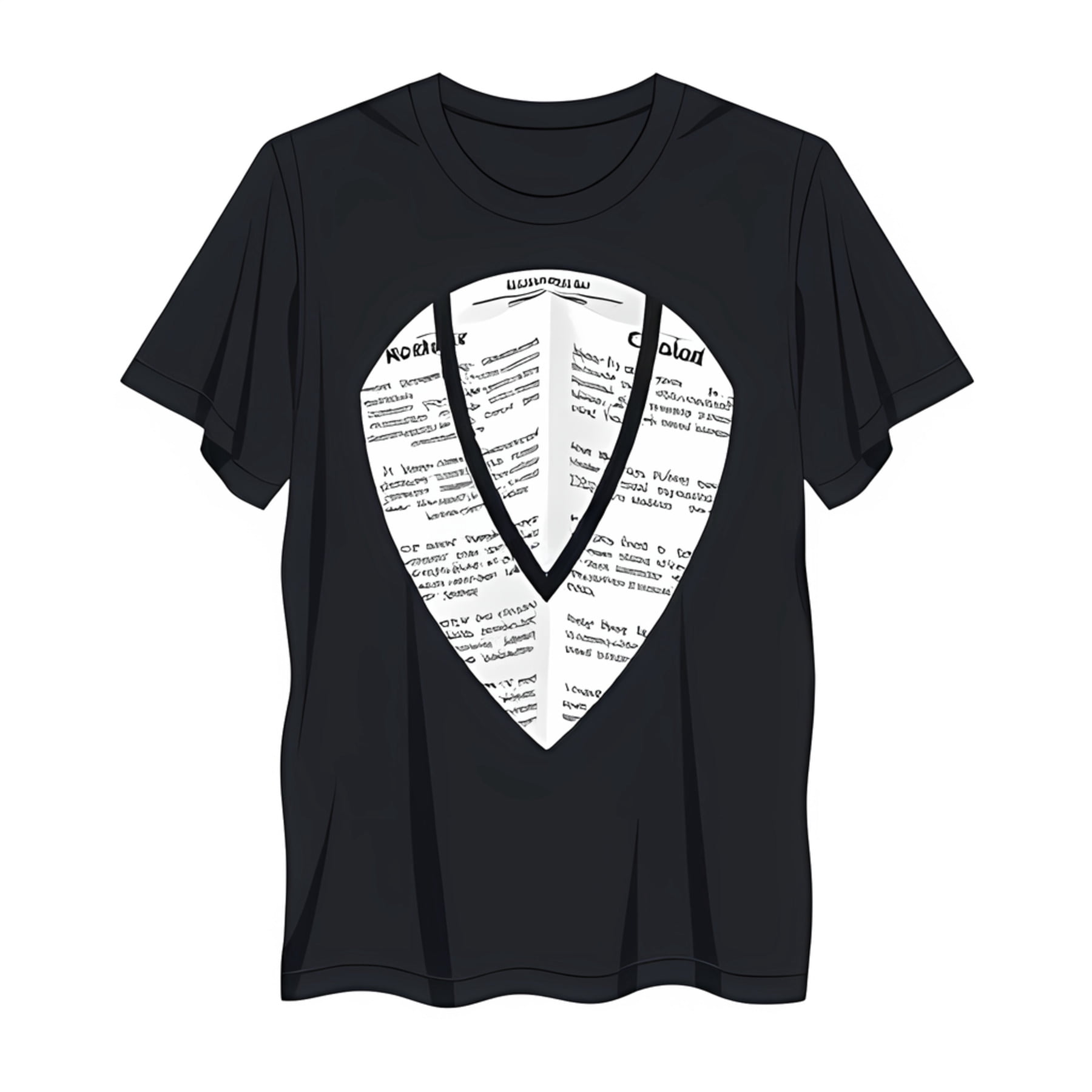 Black T-Shirt with V Shaped White Paper Design and Bold Black Text ...