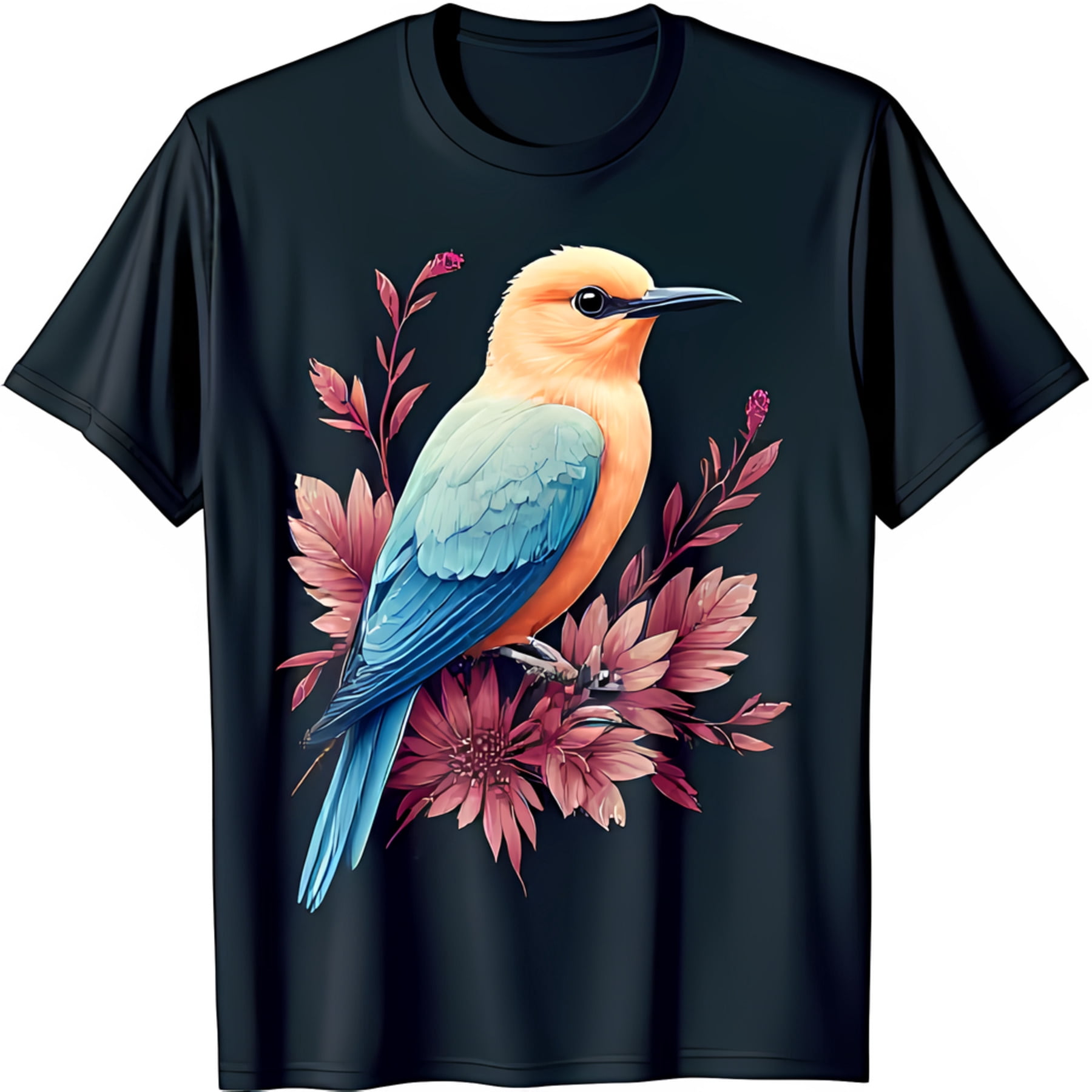 Black T-Shirt with Vibrant Bird and Pink Blossom Illustration Whimsical ...