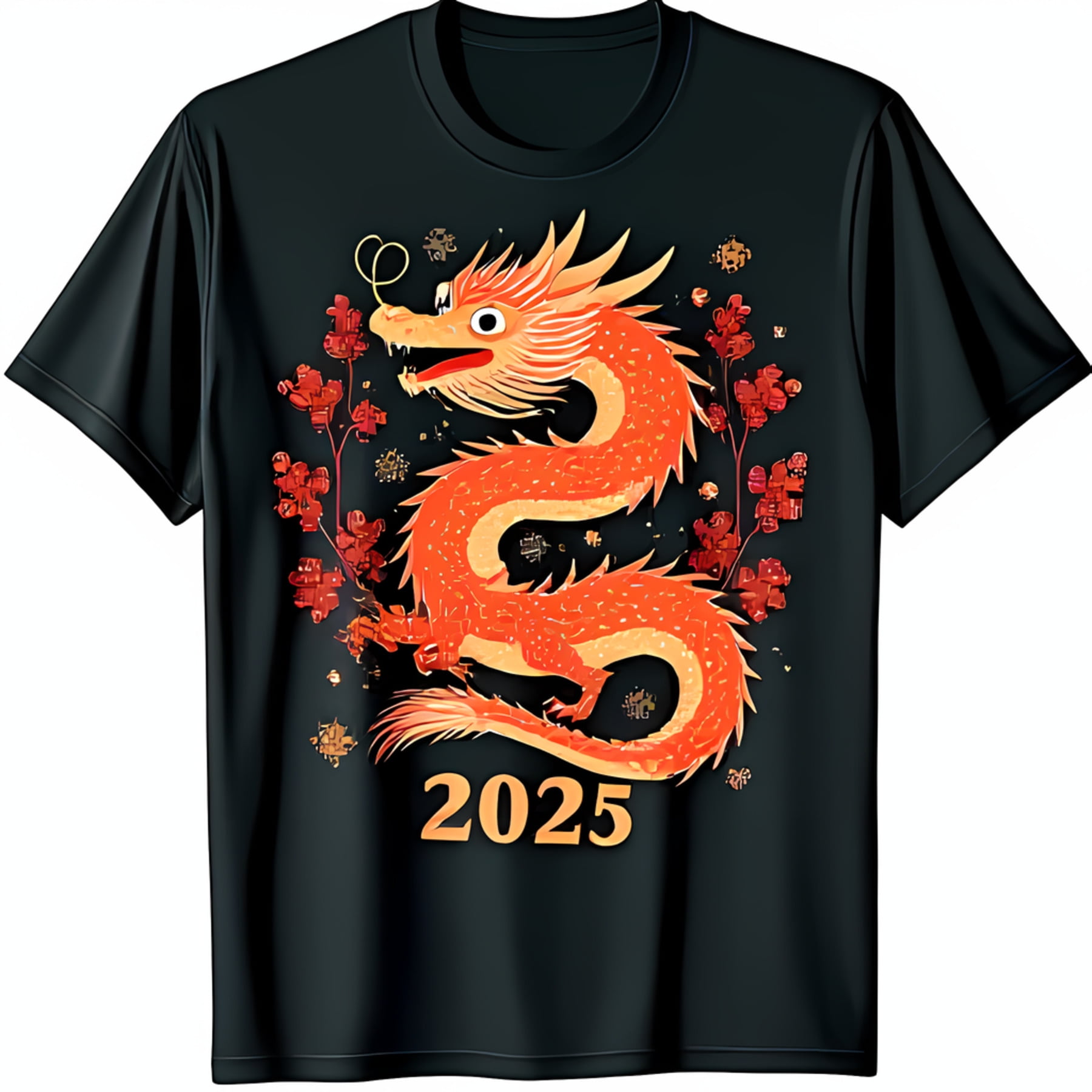 Black T-Shirt with Vibrant Chinese Design 2025 Year Print Floral ...