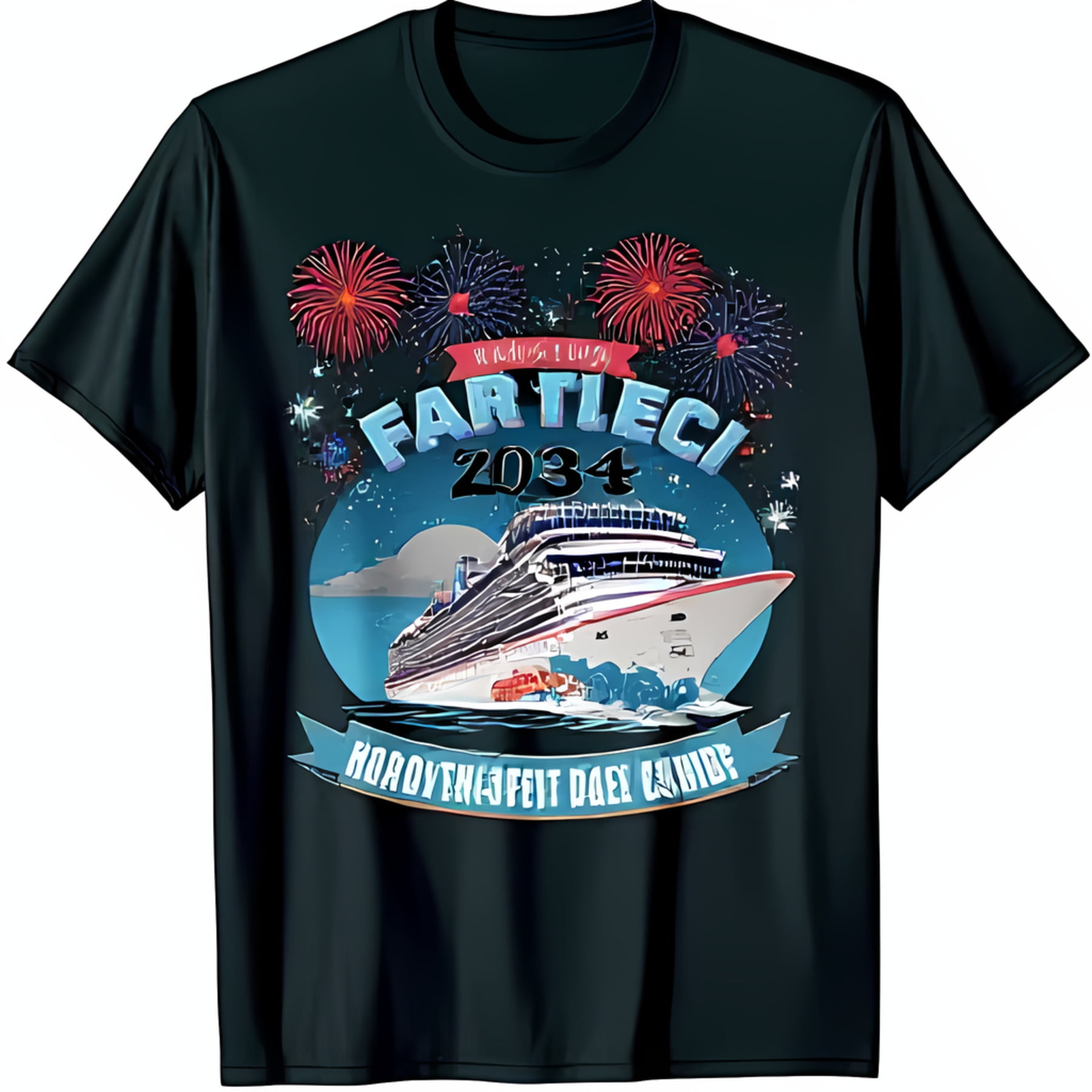 Black T-Shirt with Vibrant Cruise Ship Graphic & 'FARTLECI 2034 ...