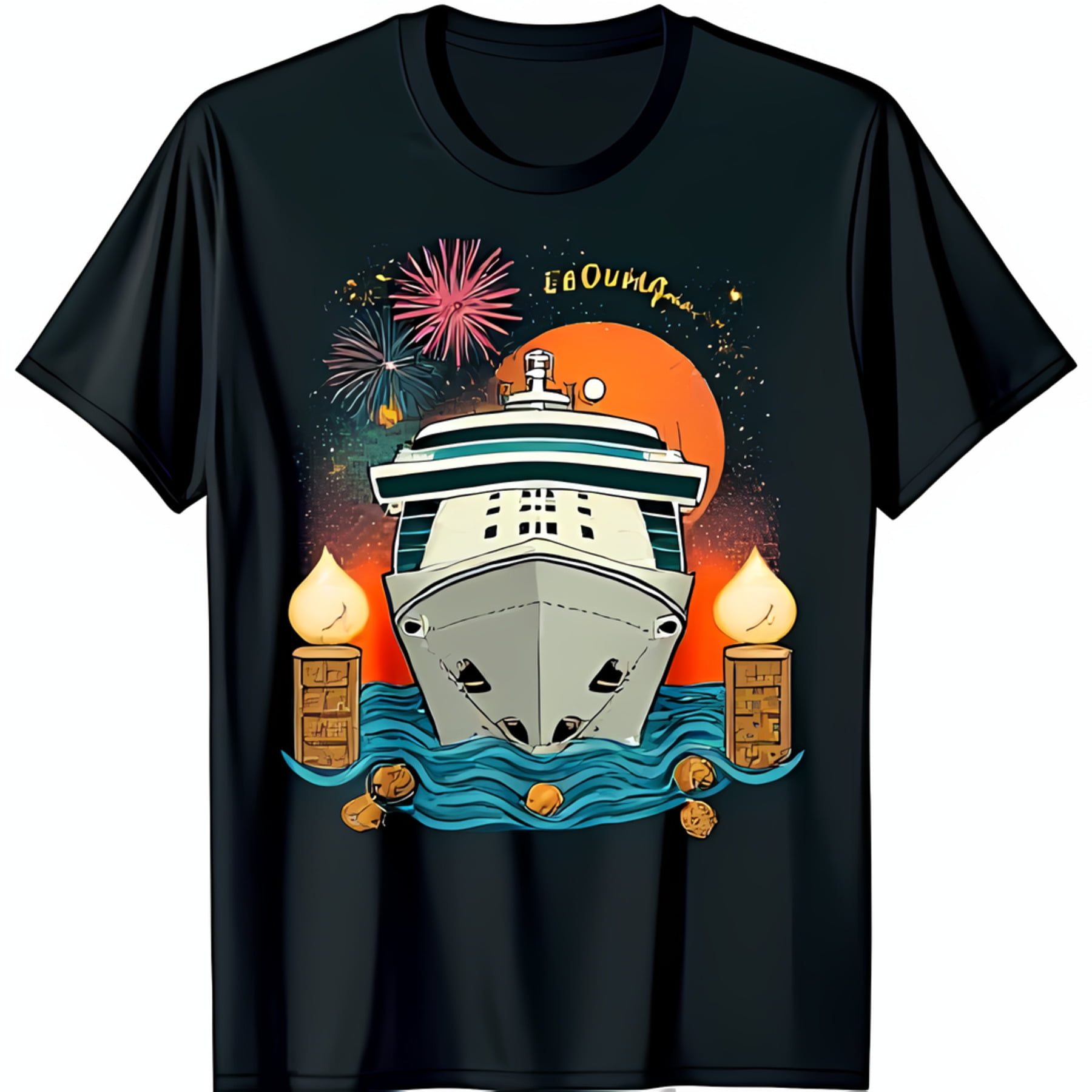 Black T-Shirt with Vibrant Cruise Ship Graphic Under Starry Night Sky ...
