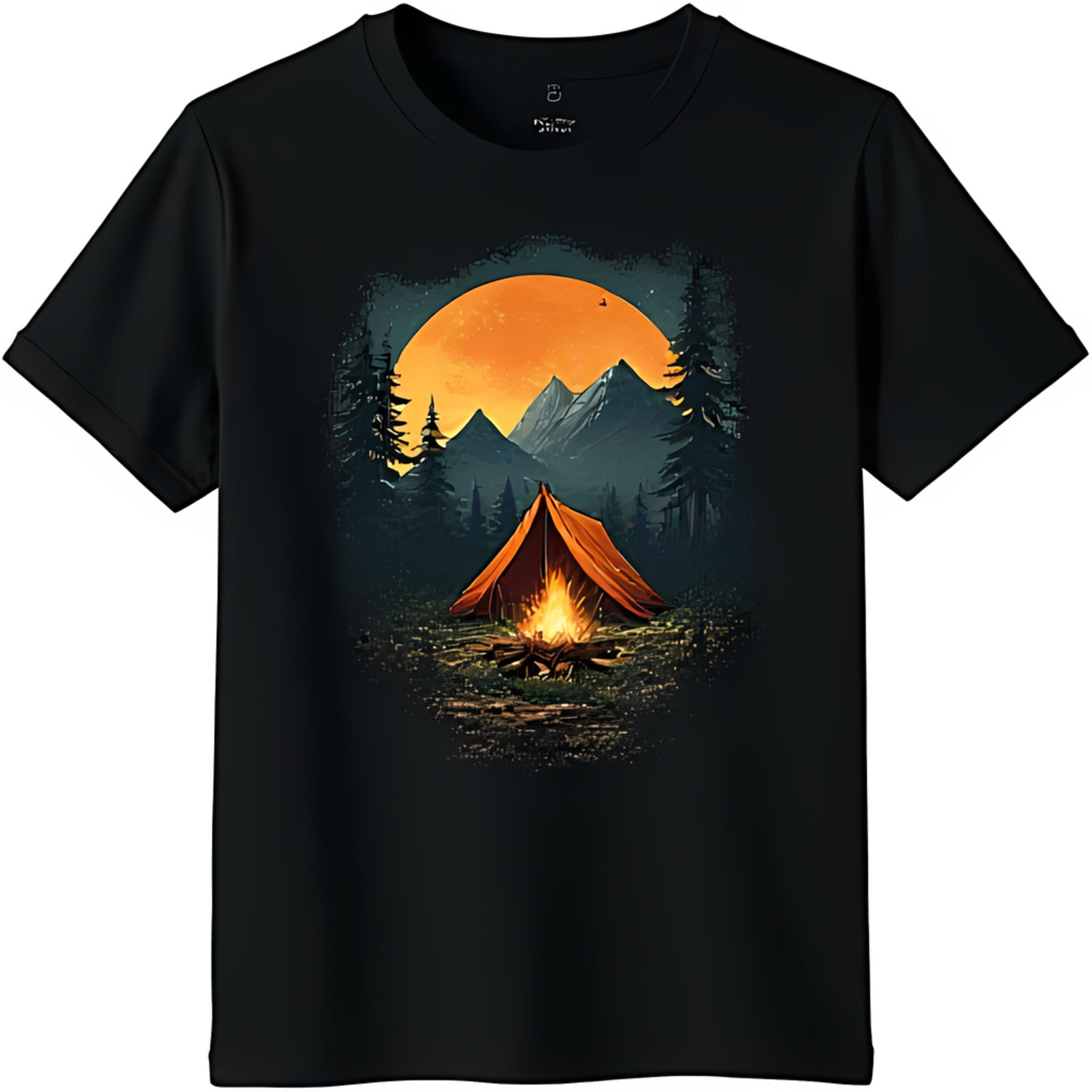 Black T-Shirt with Vibrant Forest Campsite Illustration at Dusk Tent & Campfire Design - Walmart.com