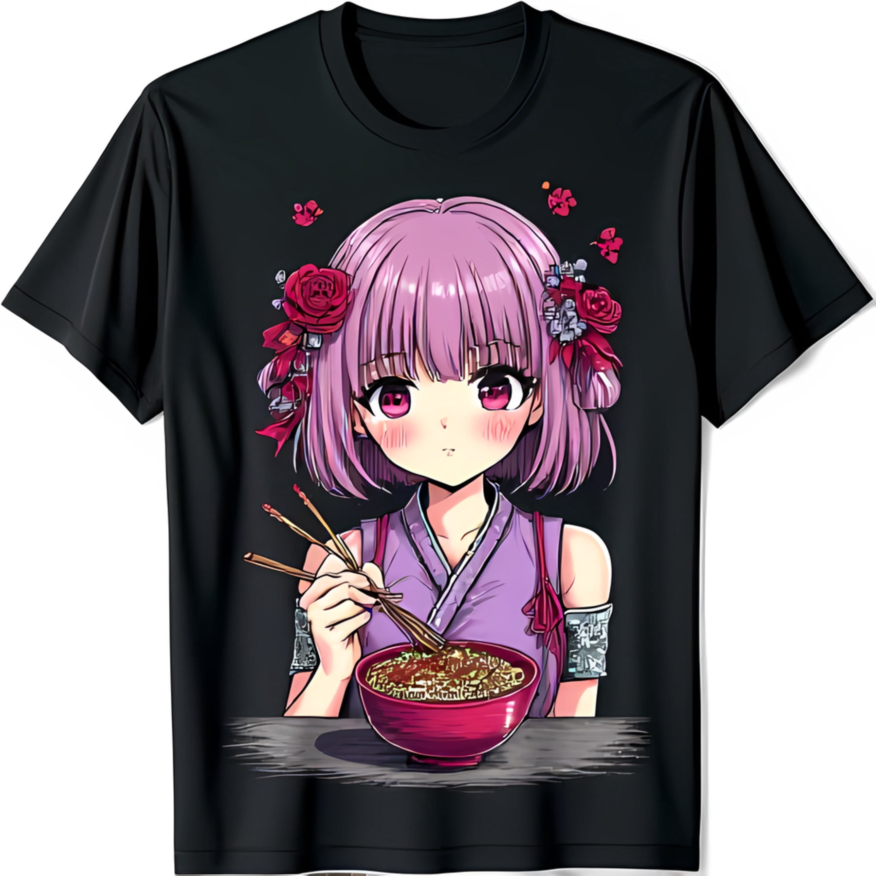 Black T-Shirt with Vibrant Graphic of Happy Girl Eating Ramen Stylish ...