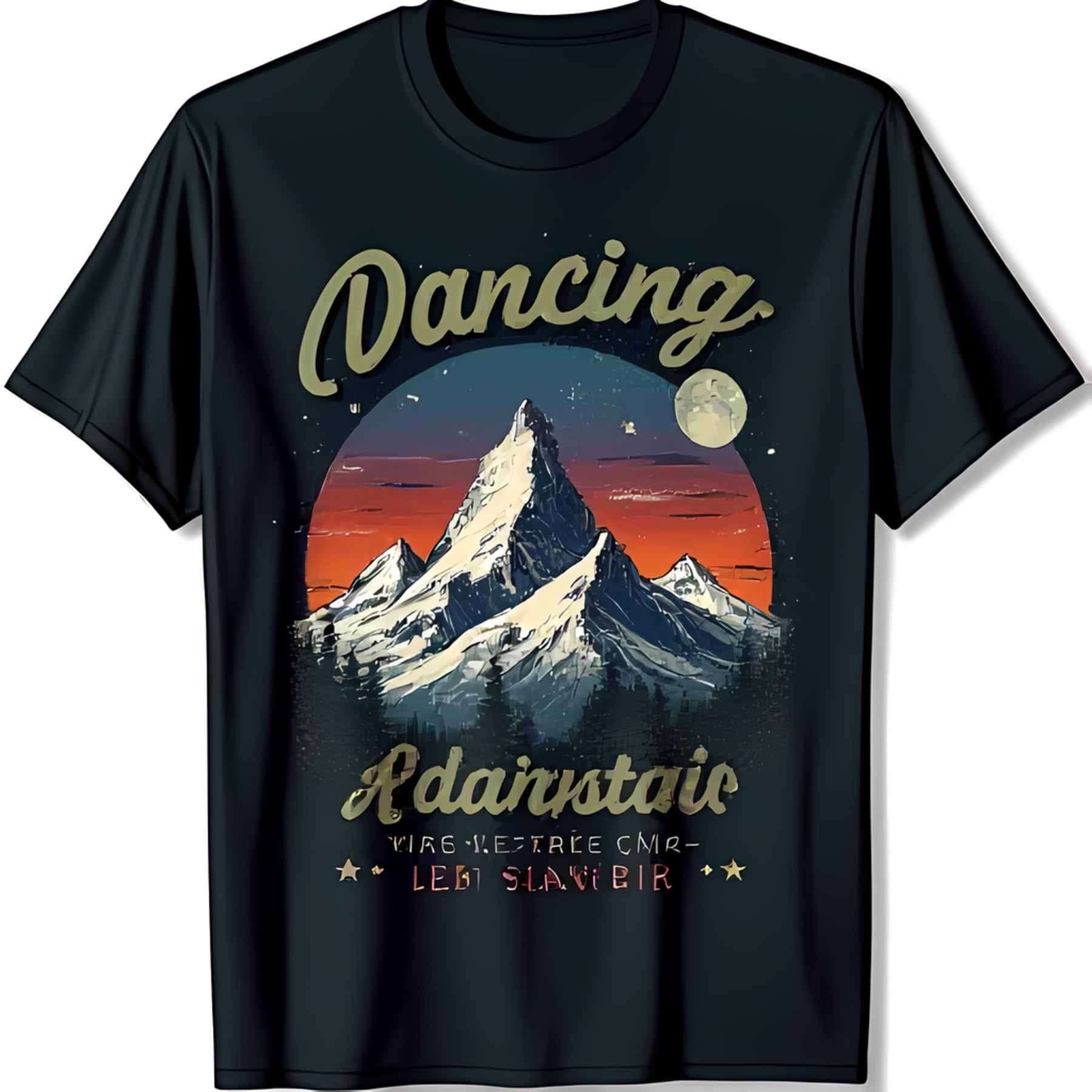 Black T-Shirt with Vibrant Mountain Sunset Graphic & 'Dancing' Cursive ...