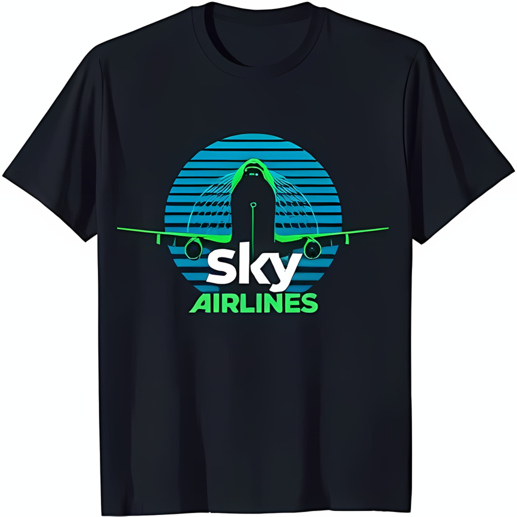 Black T-Shirt with Vibrant Plane Graphic & 'Sky Airlines' Text for ...