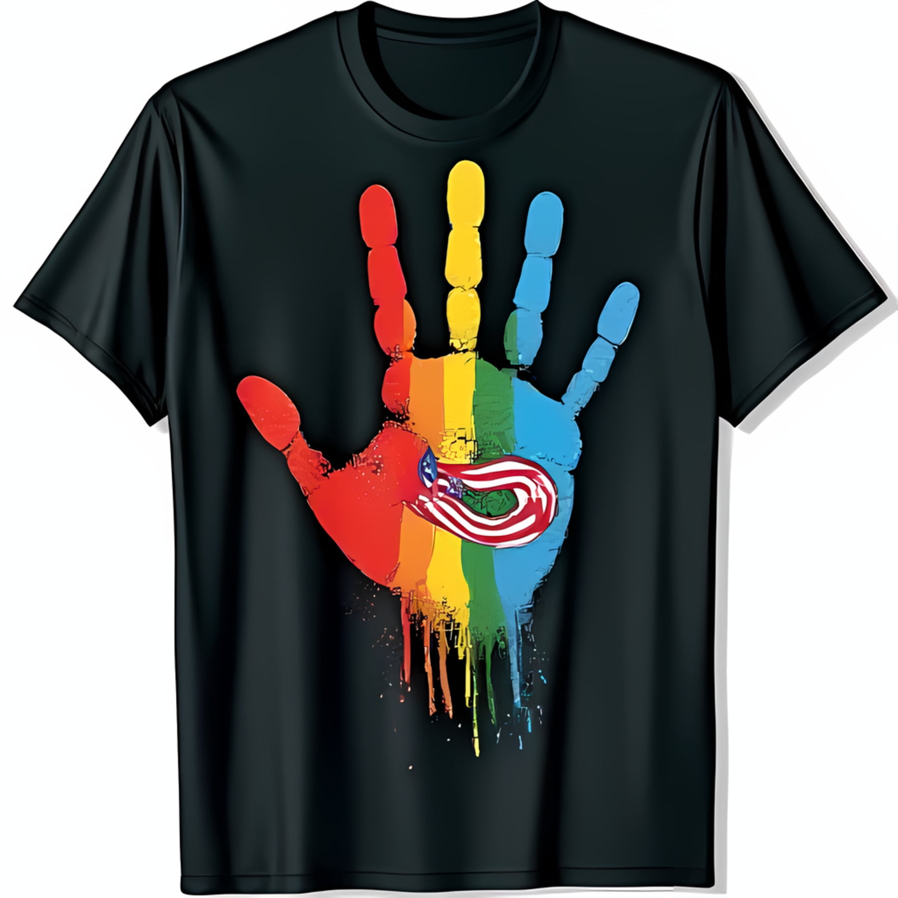 Black T-Shirt with Vibrant Rainbow Handprint & Dripping LGBTQ Pride ...