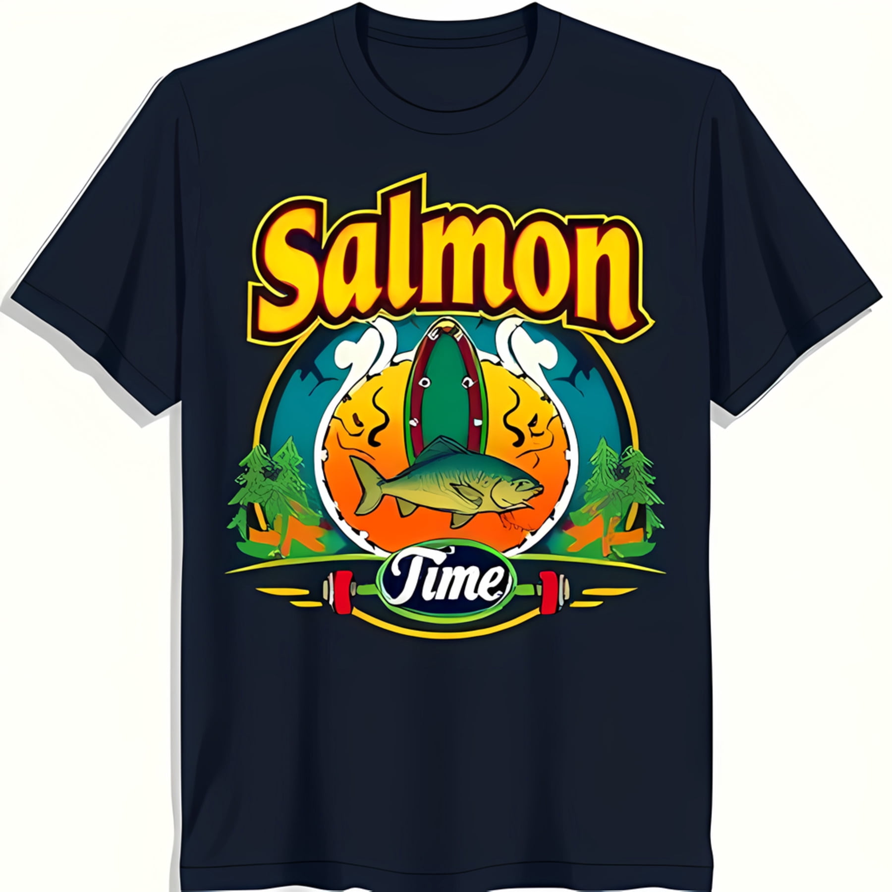Black T-Shirt with Vibrant Salmon Jumping Design 'Salmon ' Graphic ...