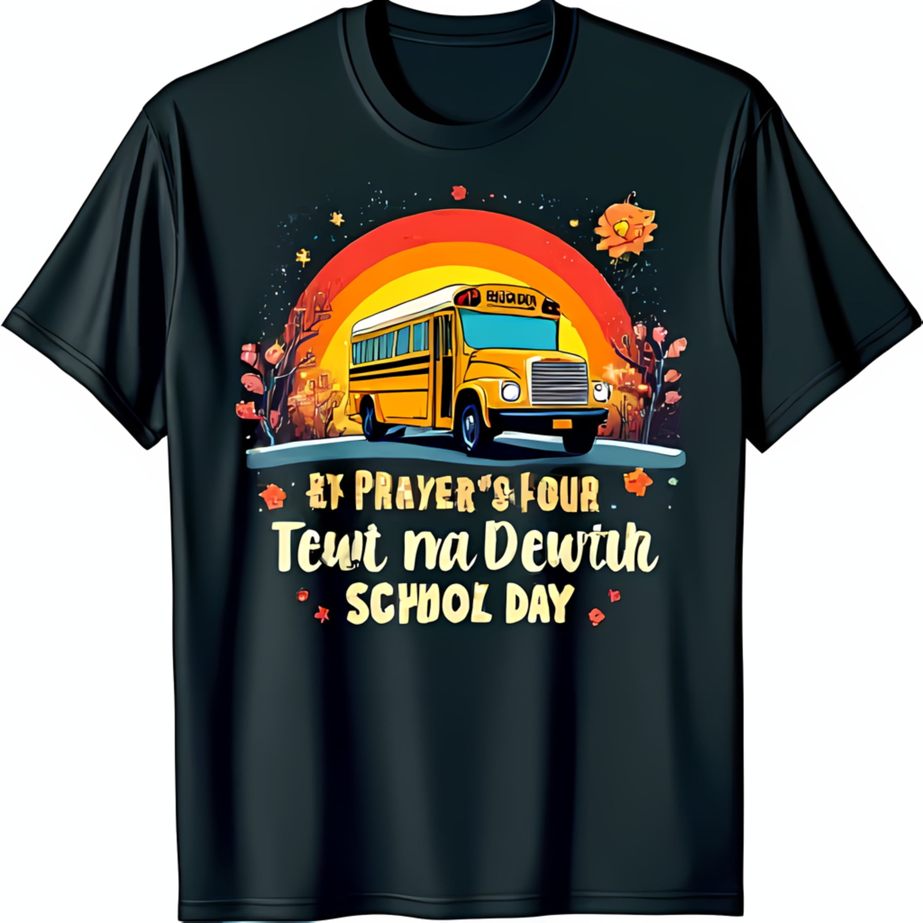 Black T-Shirt with Vibrant School Bus Graphic & Sunset Design for Teut ...