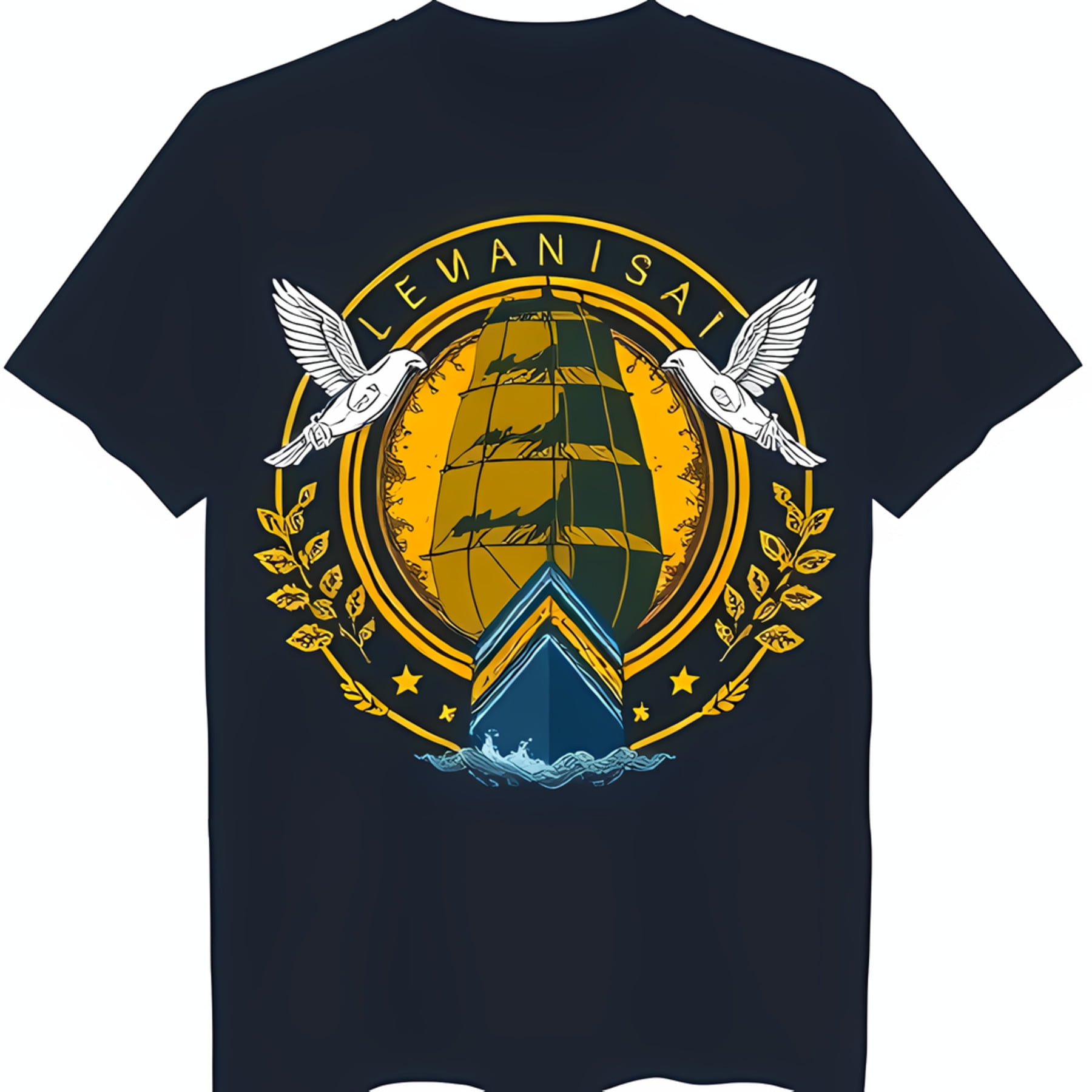 Black T-Shirt with Vibrant Ship Design Yellow Sails & White Doves ...
