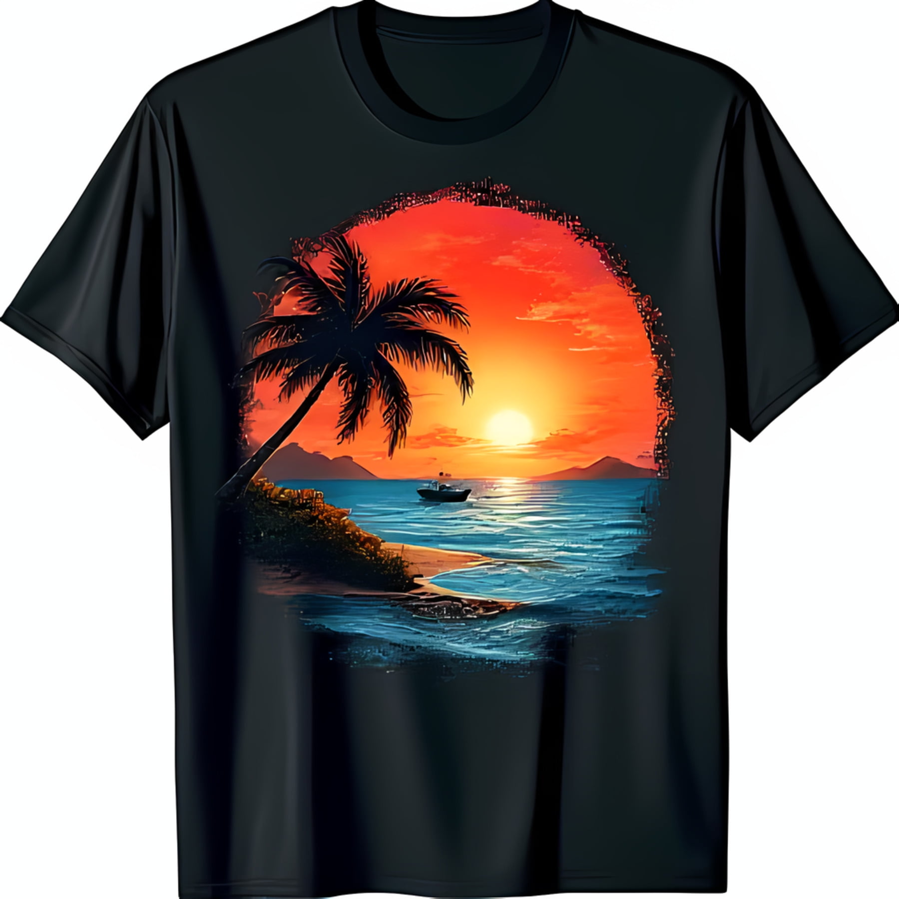 Black T-Shirt with Vibrant Sunset Scene Tree & Boat on Beach Design ...