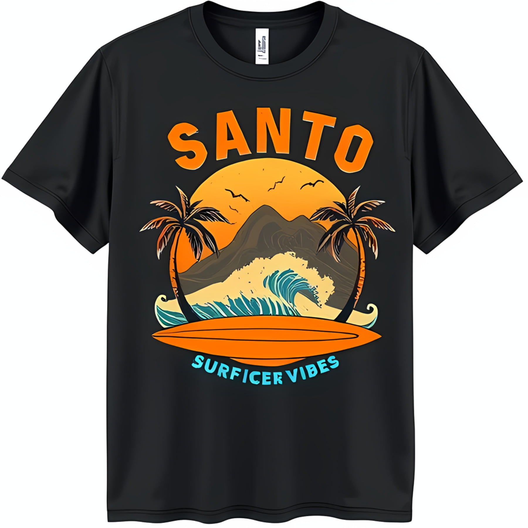 Black T-Shirt with Vibrant Surfboard and Wave Graphic Santo Surf Vibes ...