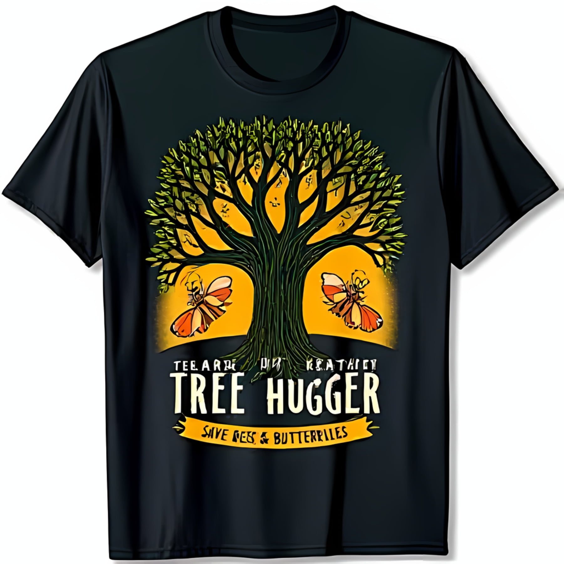Black T-Shirt with Vibrant Tree Graphic Butterflies & Tree Hugger Text ...