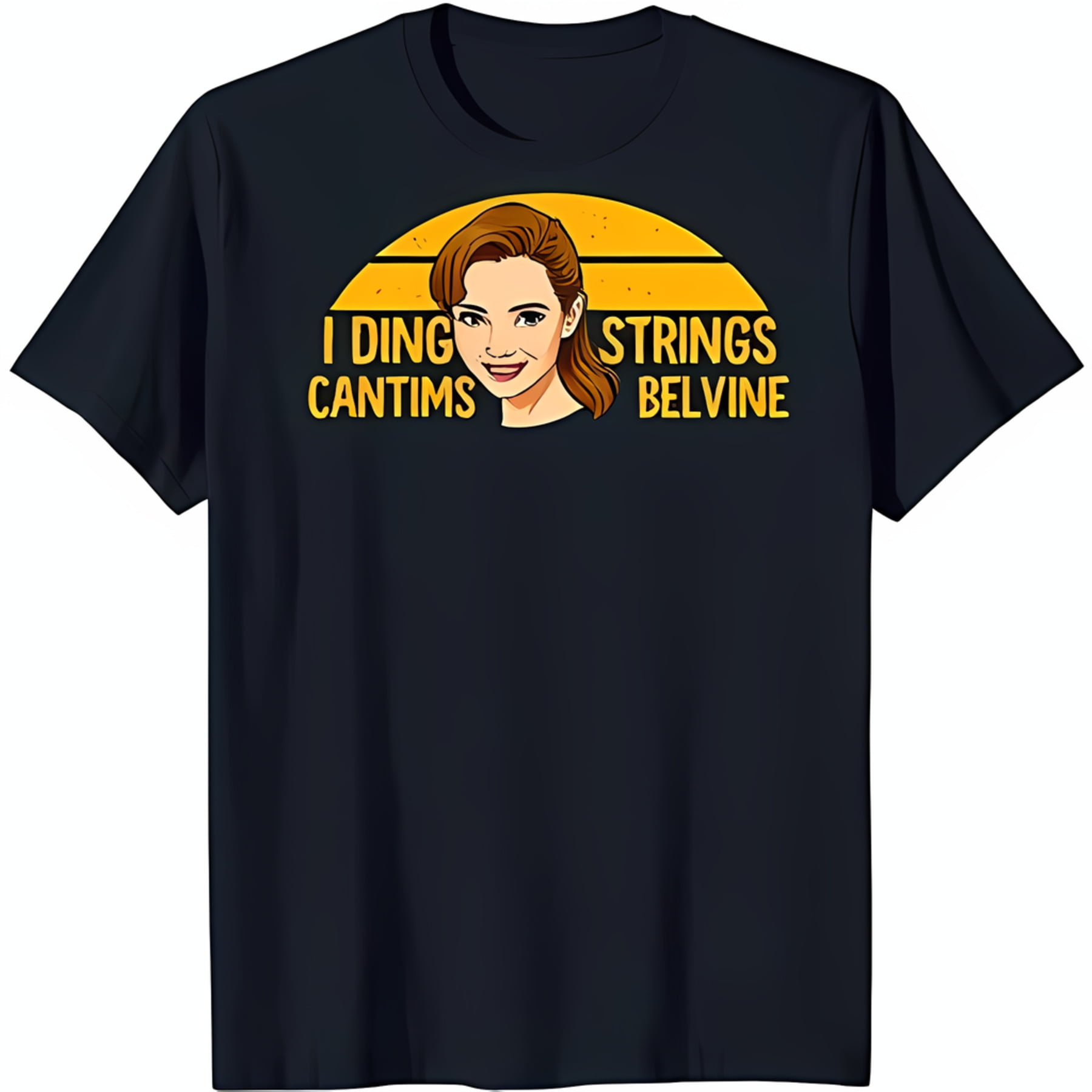 Black T-Shirt with Vibrant Yellow and Graphic of Woman 'I Ding Cantims Strings Belvine' Design ...