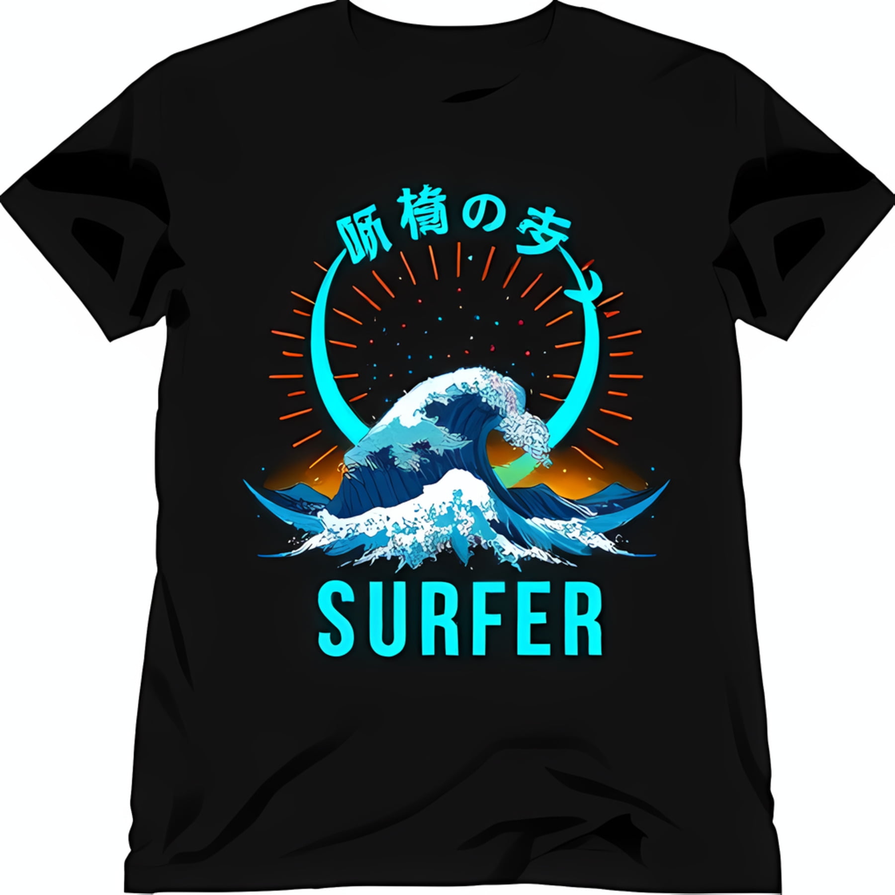 Black T-Shirt with Wave and Graphic 'SURFER' Design Japanese Text ...