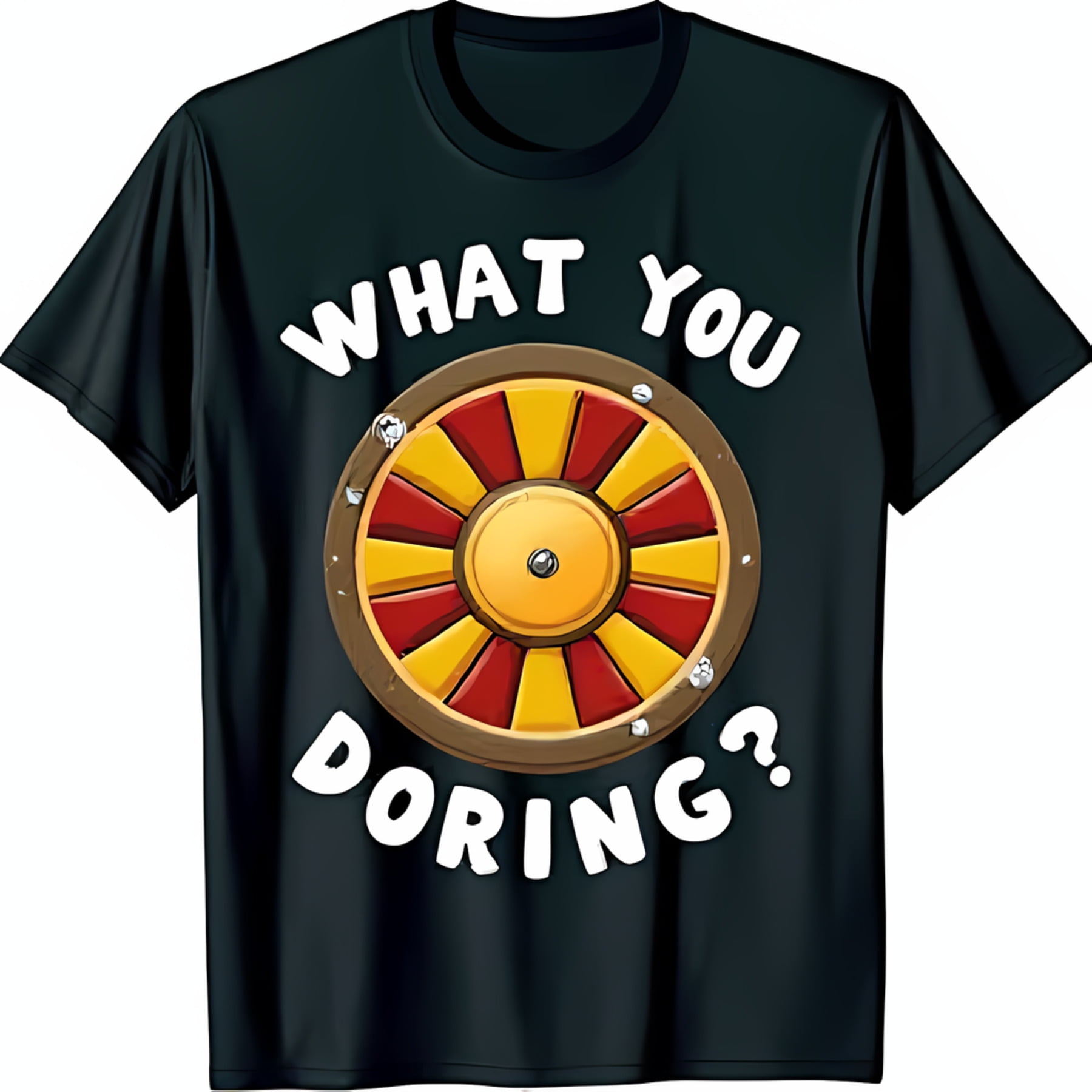 Black T-Shirt with 'What You Doring?' Graphic & Wheel of Fortune Design ...