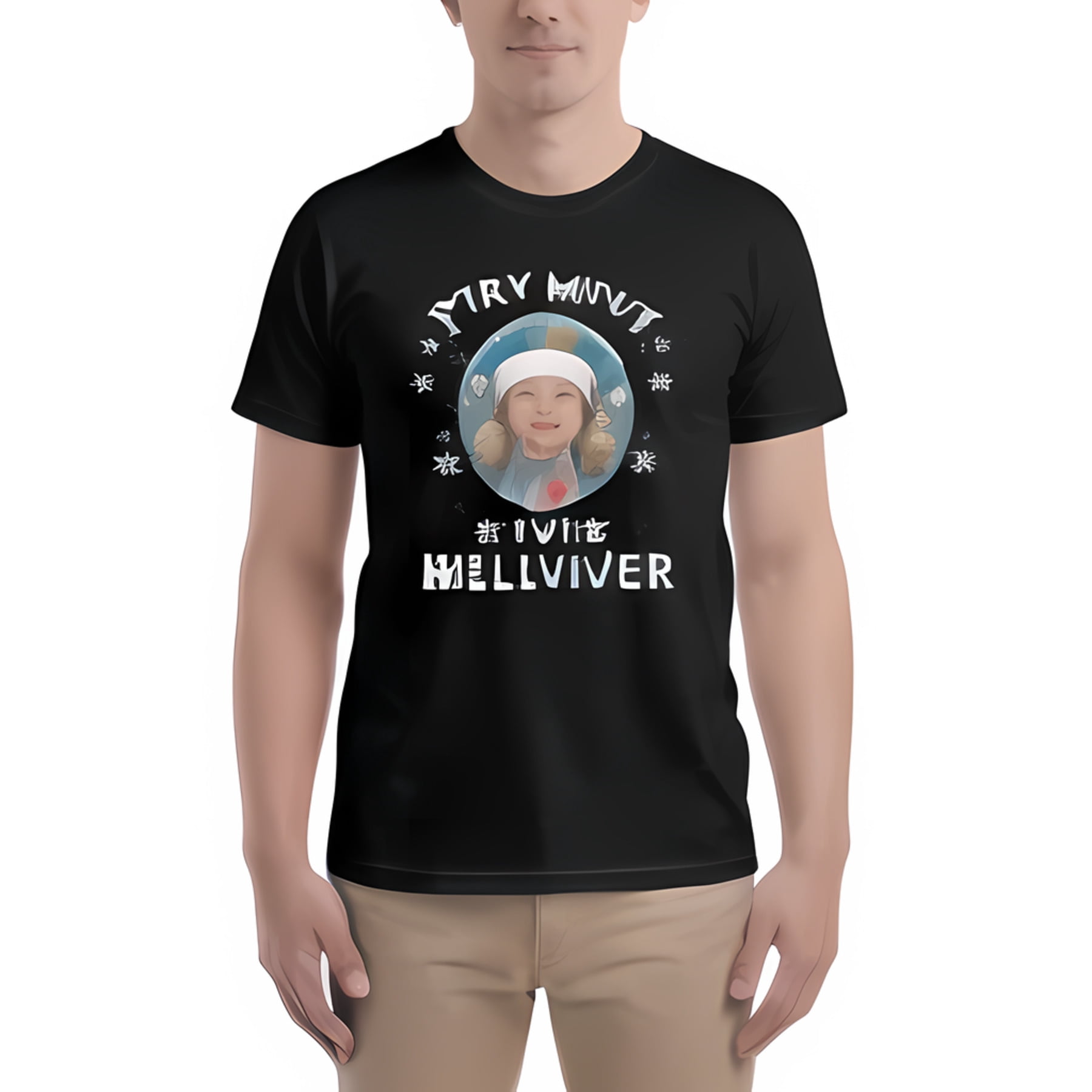 Black T-Shirt with Whimsical Cartoon Style Circular and Fun Symbols ...