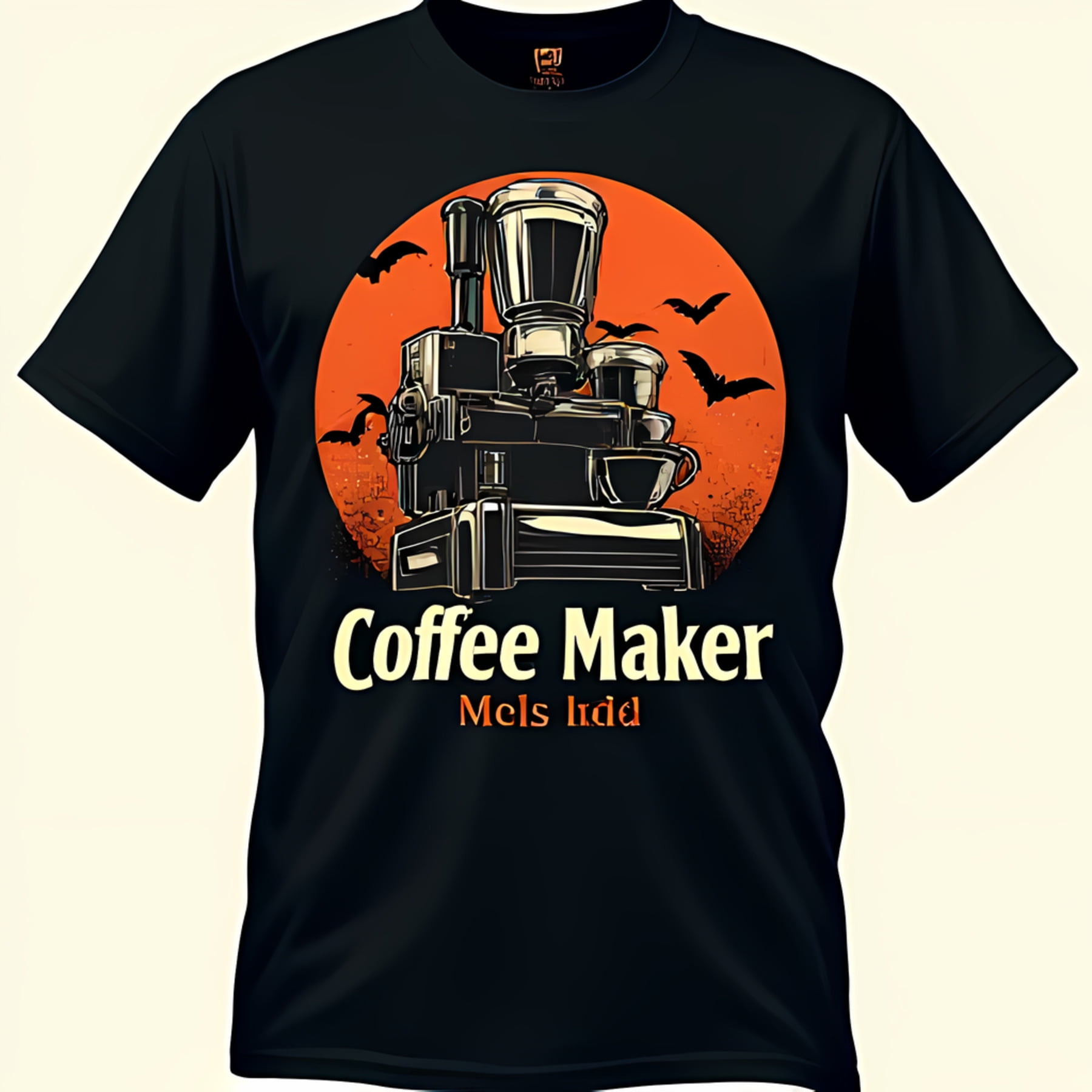 Black T-Shirt with Whimsical Coffee Maker Graphic & Bats at Sunset ...
