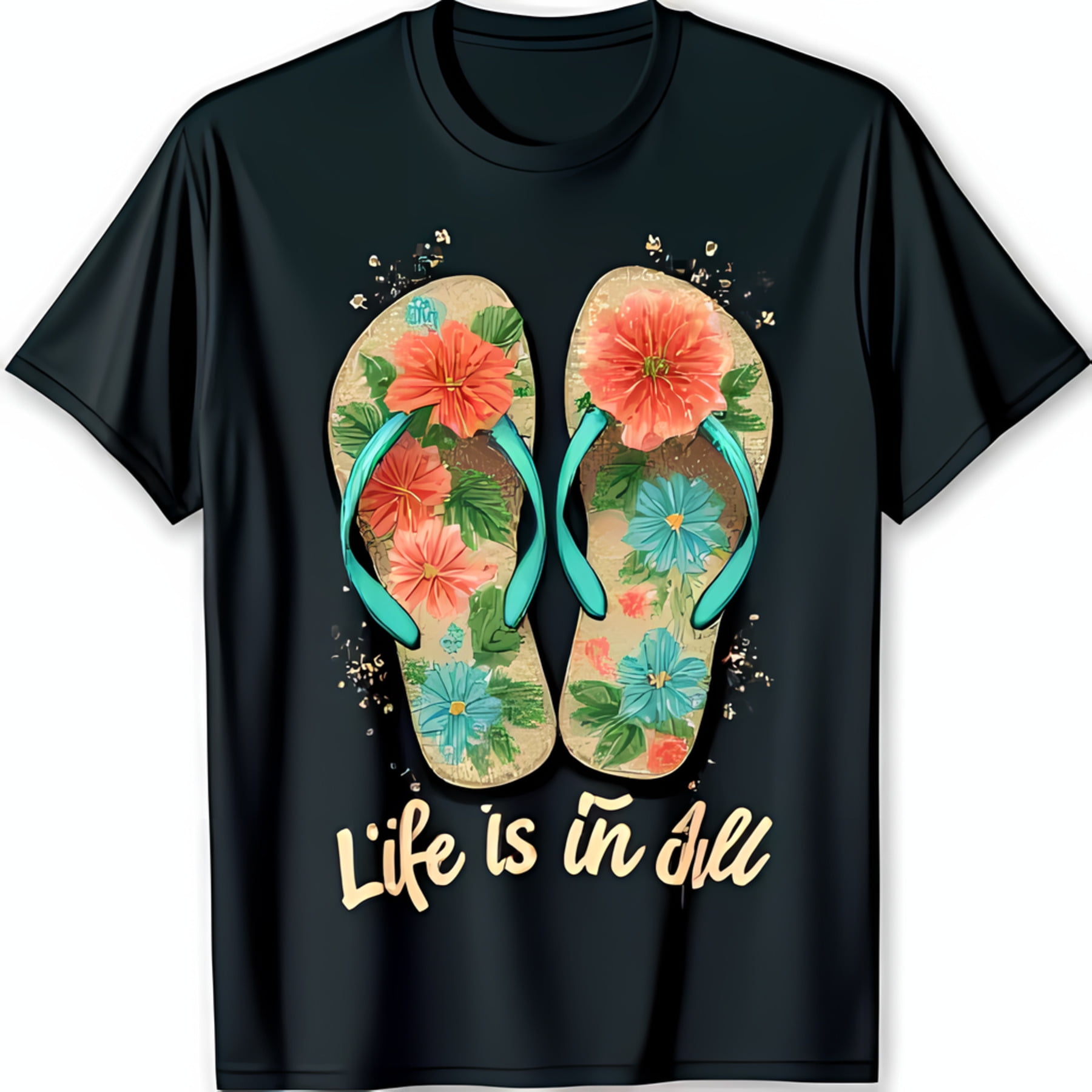 Black T-Shirt with Whimsical Floral Flip Flop Graphic 'Life is in All ...