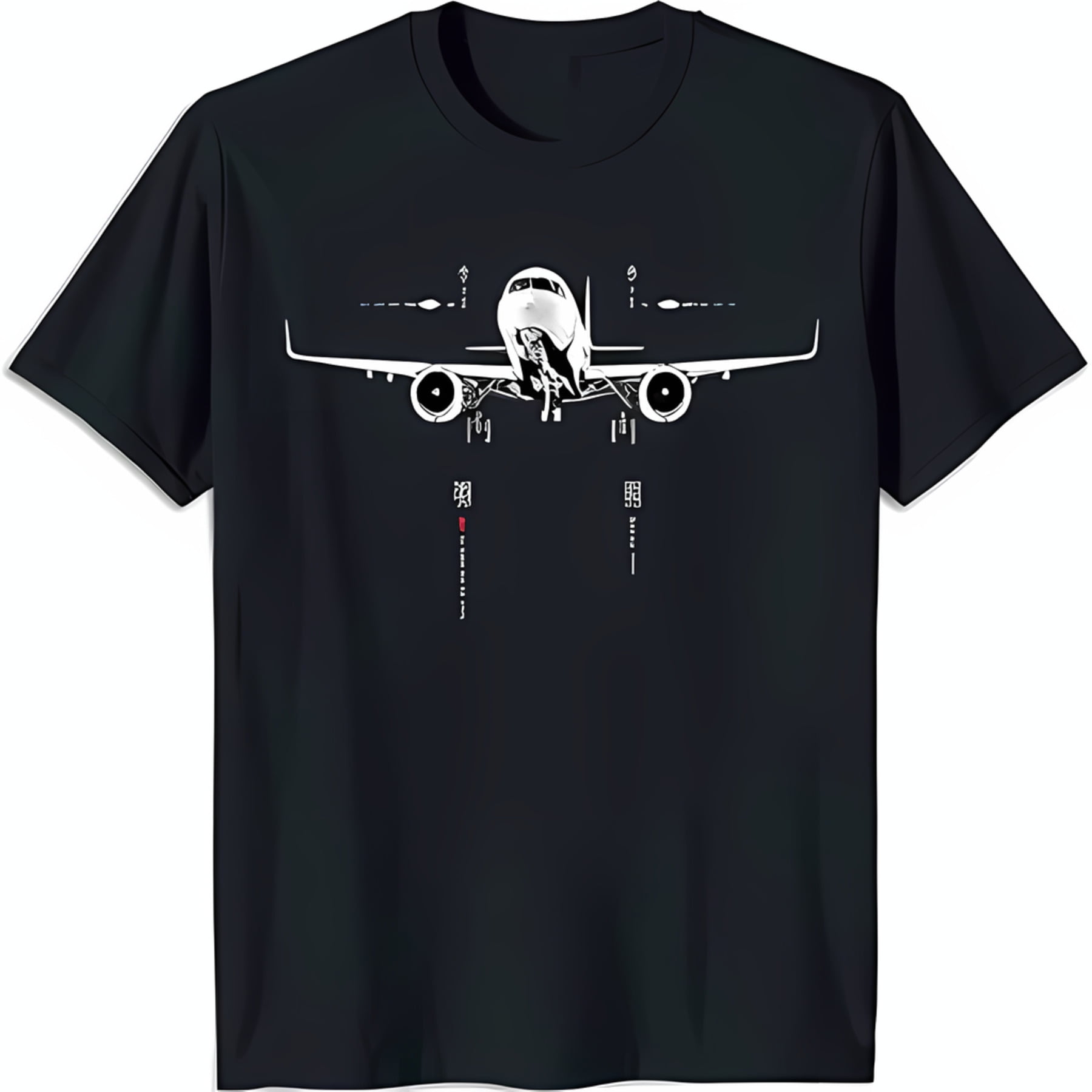 Black T-Shirt with White Airplane Graphic 'Runway' Design Landing Gear ...
