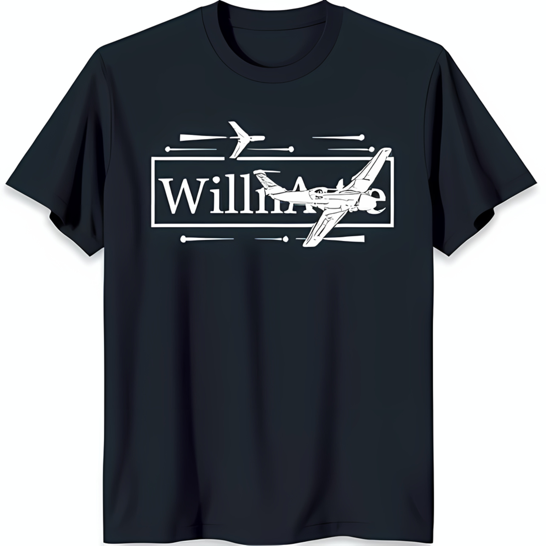 Black T-Shirt with White Airplane Graphic and 'Will A' Text Stylish ...