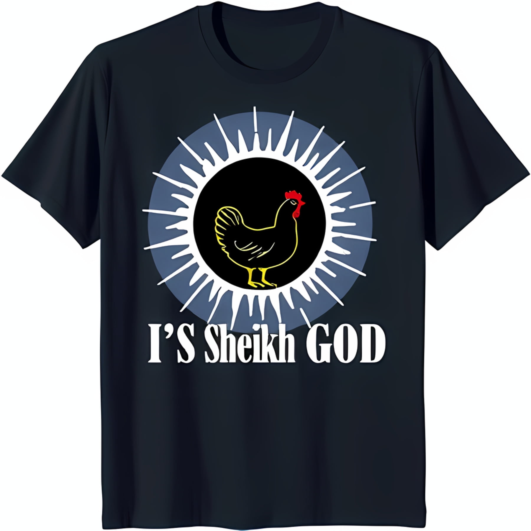 Black T-Shirt with White & Blue Design and Black Chicken 'I'S Sheikh ...