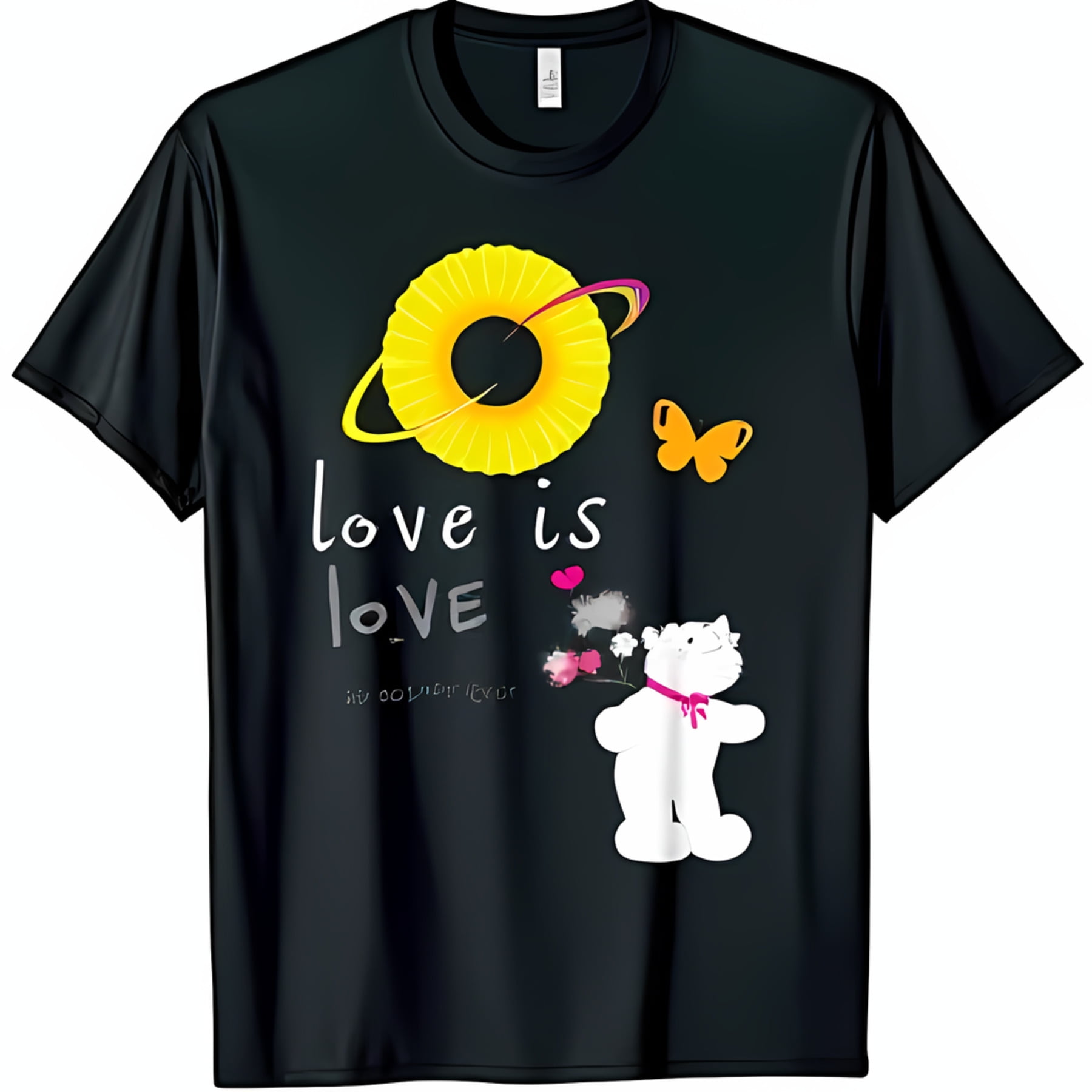 Black T-Shirt with White Bouquet Sun Butterfly & Love is Love Design By ...