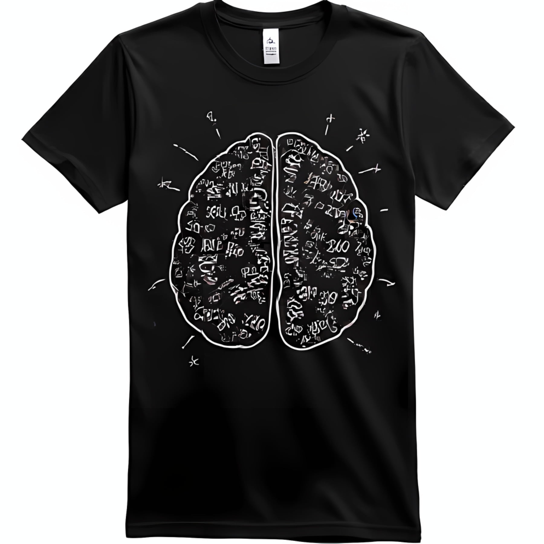 Black T-Shirt with White Brain Outline Design Filled with Letters ...