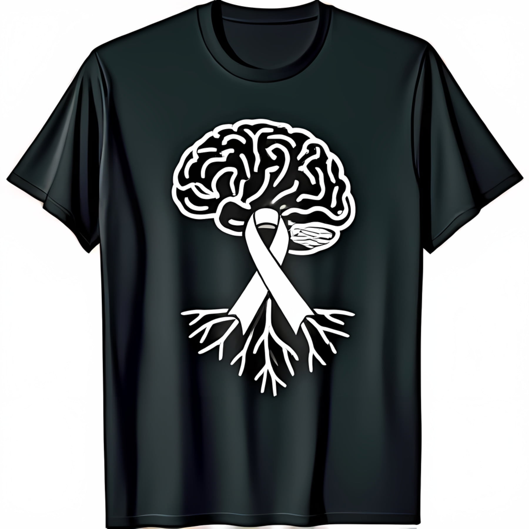 Black T-Shirt with White Brain Tree & Resilience Ribbon Graphic ...