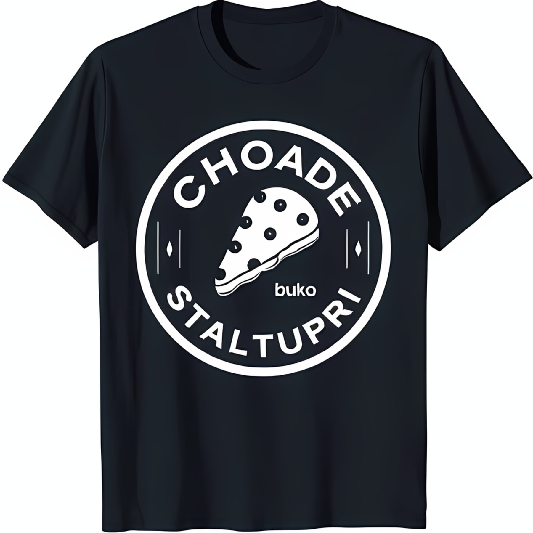 Black T-Shirt with White Circle Design CHOADE STALTUPRI & Pizza Graphic ...