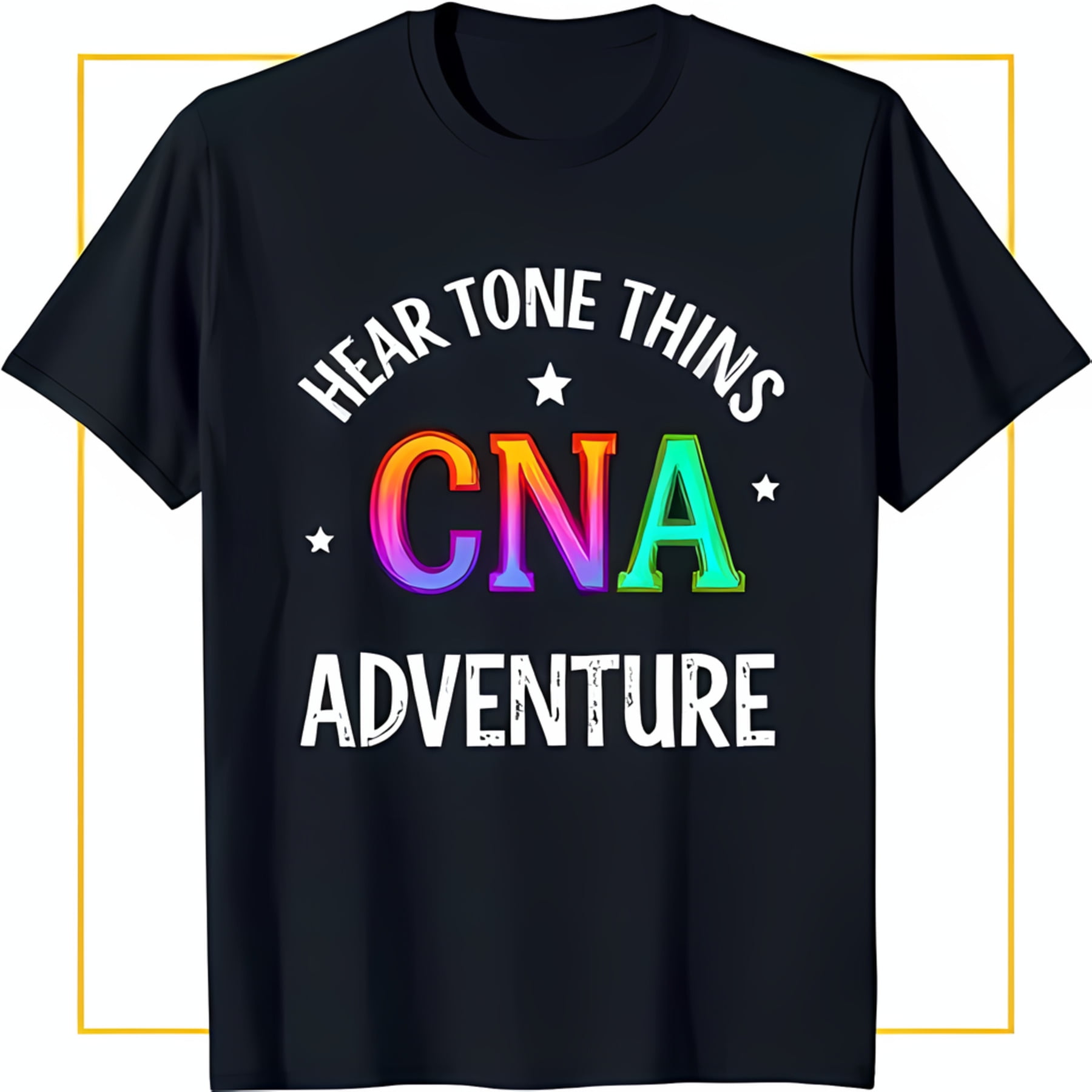 Black T-Shirt with White Circle Graphic 'Hear Tone Things CNA Adventure' in Rainbow Colors ...