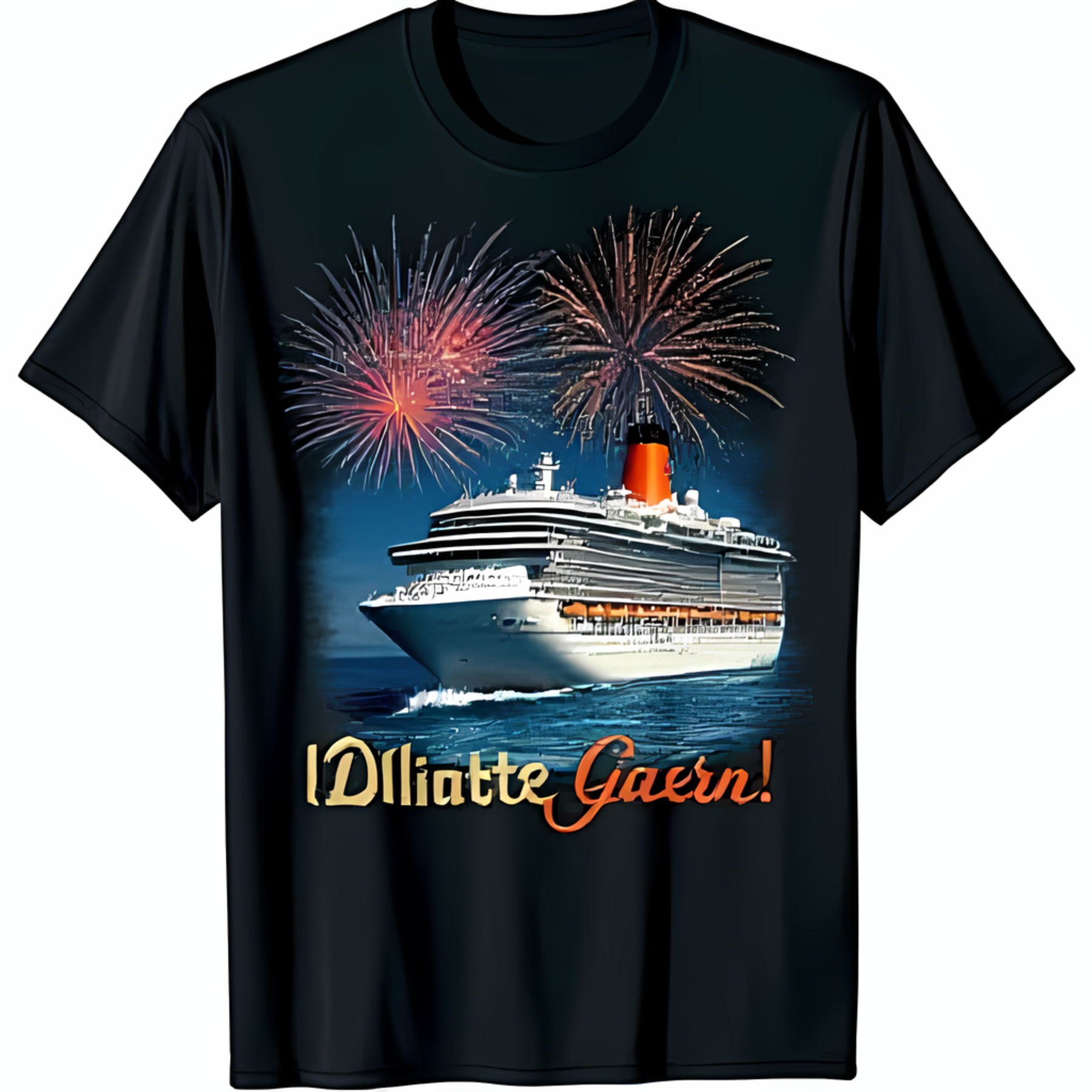 Black T-Shirt with White Cruise Ship Blue Ocean & Colorful Dliatte ...
