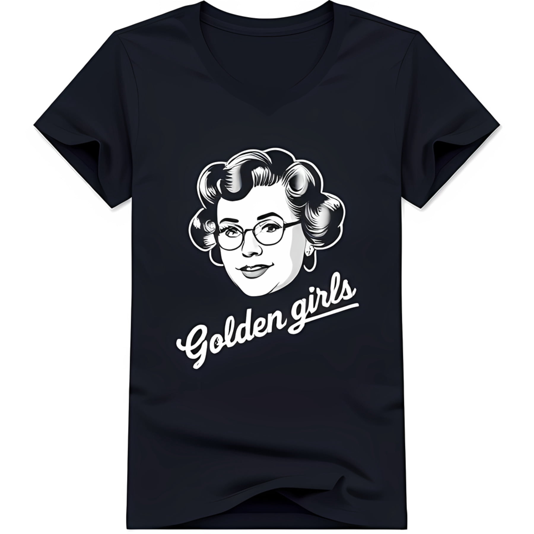 Black T-Shirt with White Curled Hair Woman Graphic & 'Golden ' Cursive ...