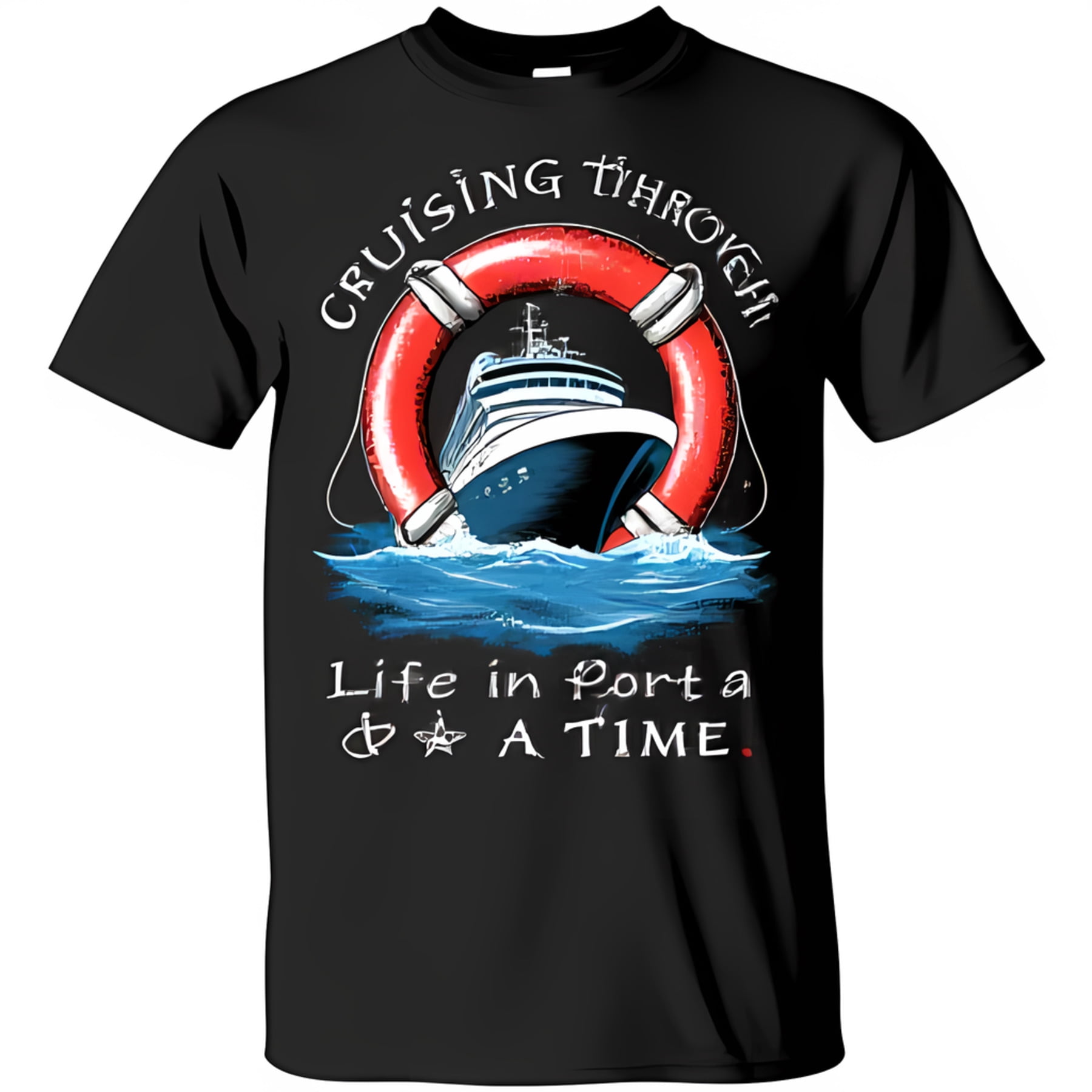 Black T-Shirt with White Design: Cruise Ship & Red Life Preserver ...