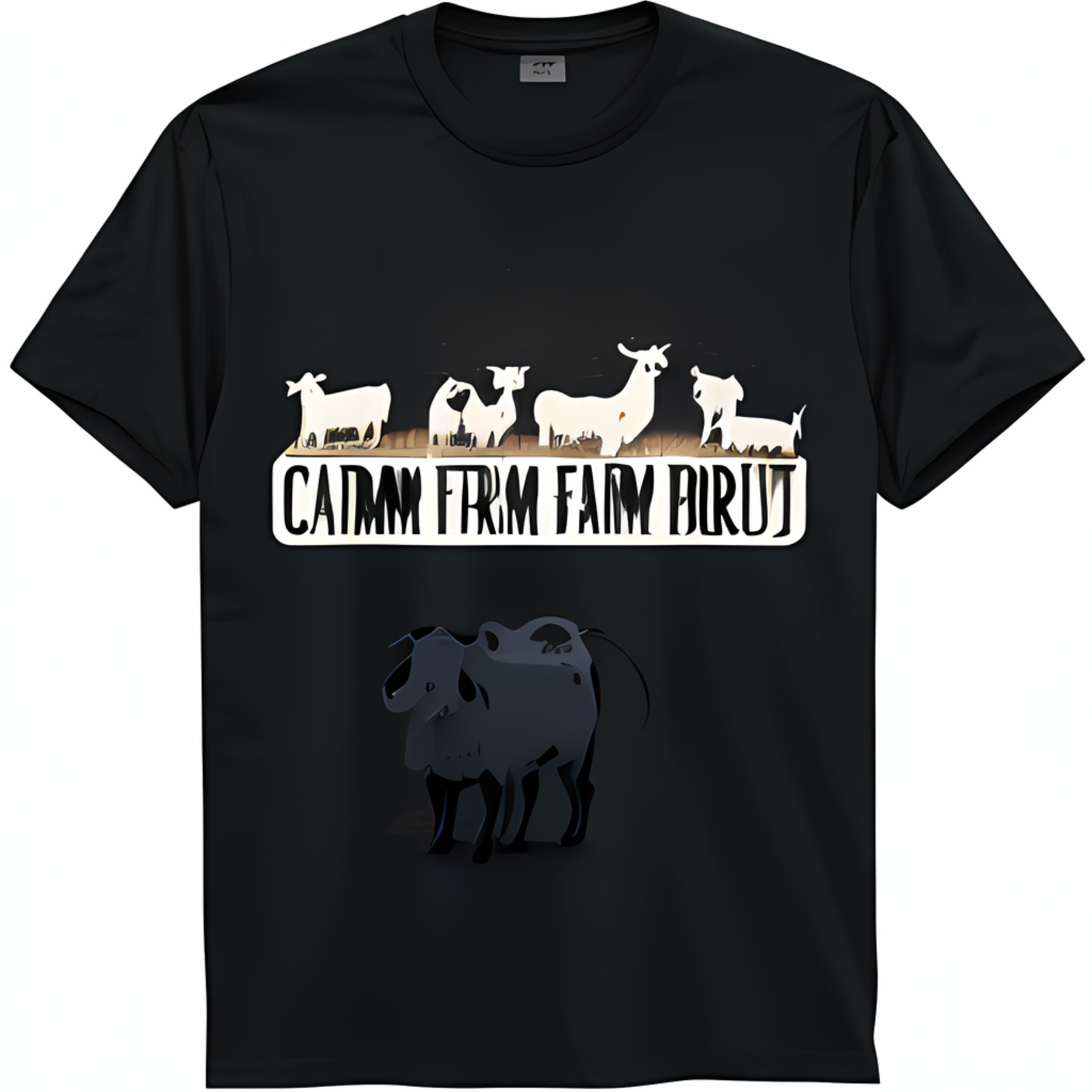 Black T-Shirt with White Goat Graphic and Cow CAMM FRIM FARM PIRUT ...