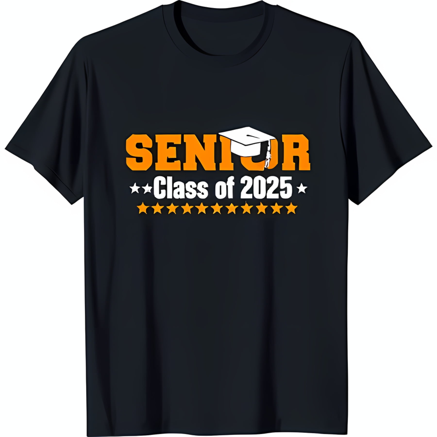 Black T-Shirt with White Graduation & 'Senior' Text Gold Stars Class of ...