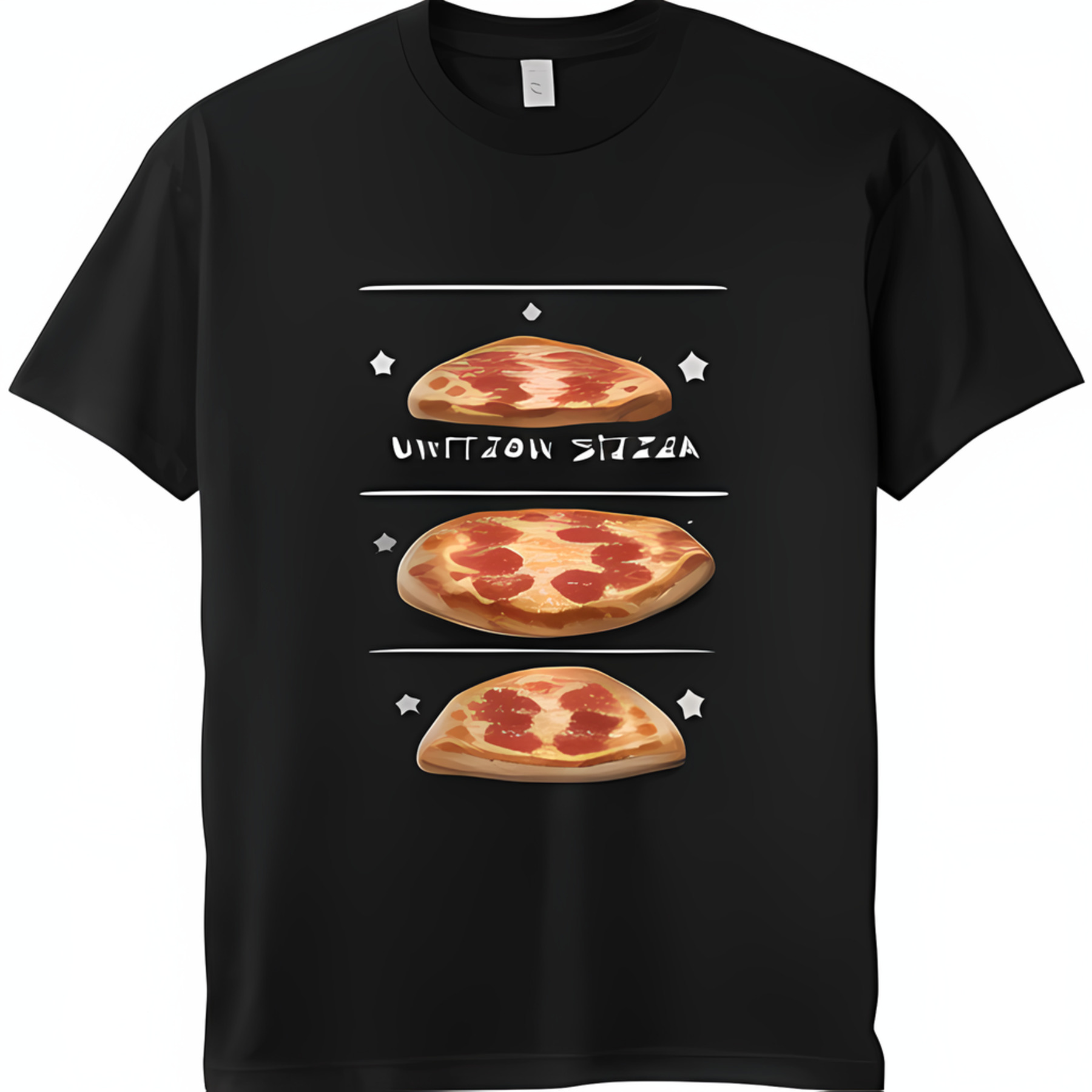 Black T-Shirt with White Graphic Design of Three Pizzas UNIT 20W PIZZA ...