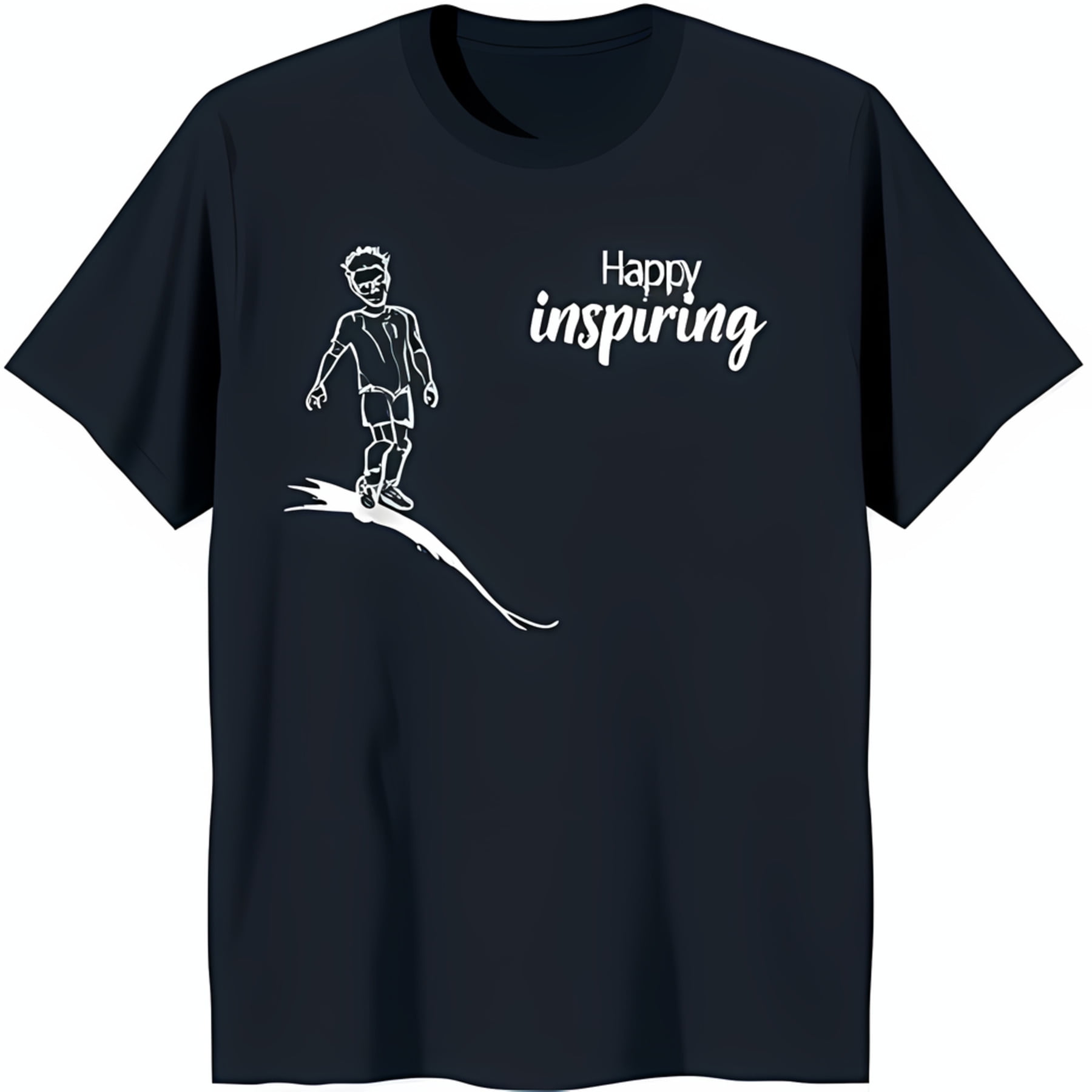 Black T-Shirt with White Graphic: Person Walking on Curved Line 'Happy ...