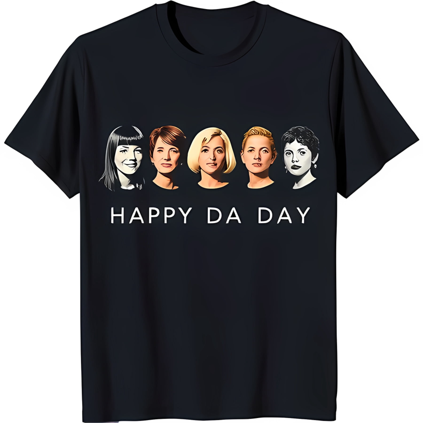 Black T-Shirt with White Graphic of Five Diverse Women's Faces 'HAPPY ...