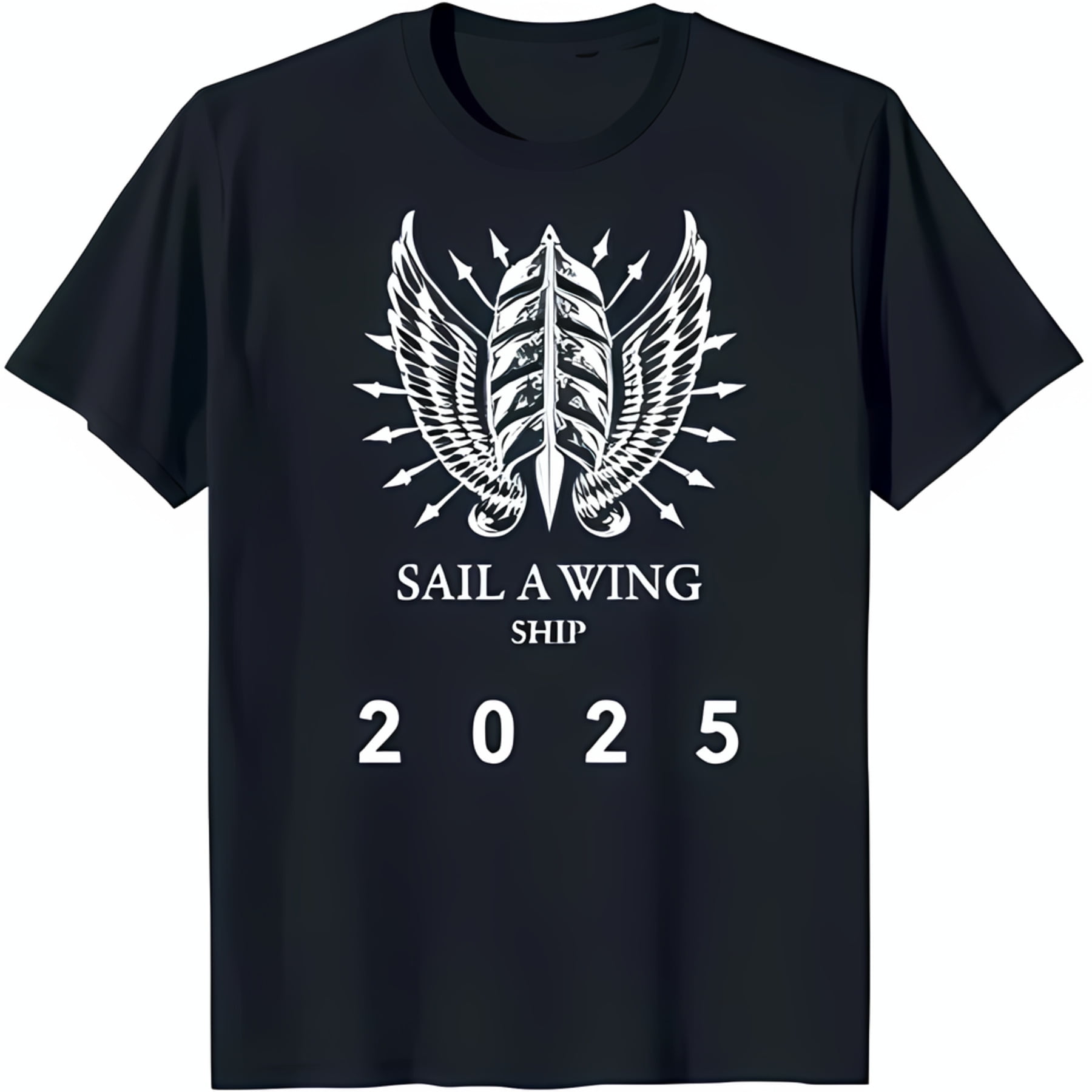 Black T-Shirt with White Graphic of Winged Ship Sail & Arrows 'Sail a ...