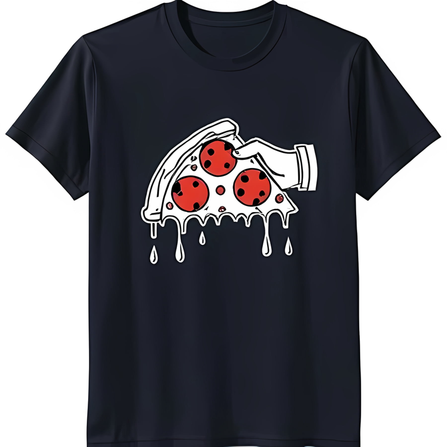 Black T-Shirt with White Hand Holding Dripping Pizza & Pepperoni Design ...