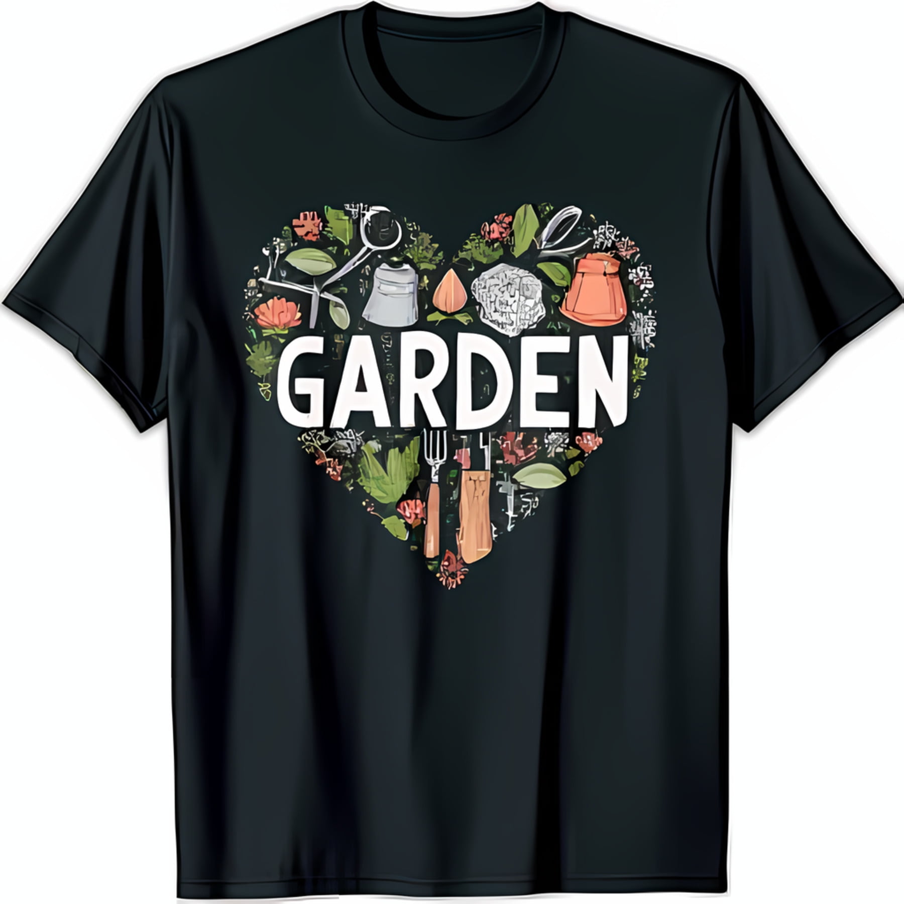 Black T-Shirt with White Heart Design Filled with Gardening Tools & Plants GARDEN Graphic Tee ...