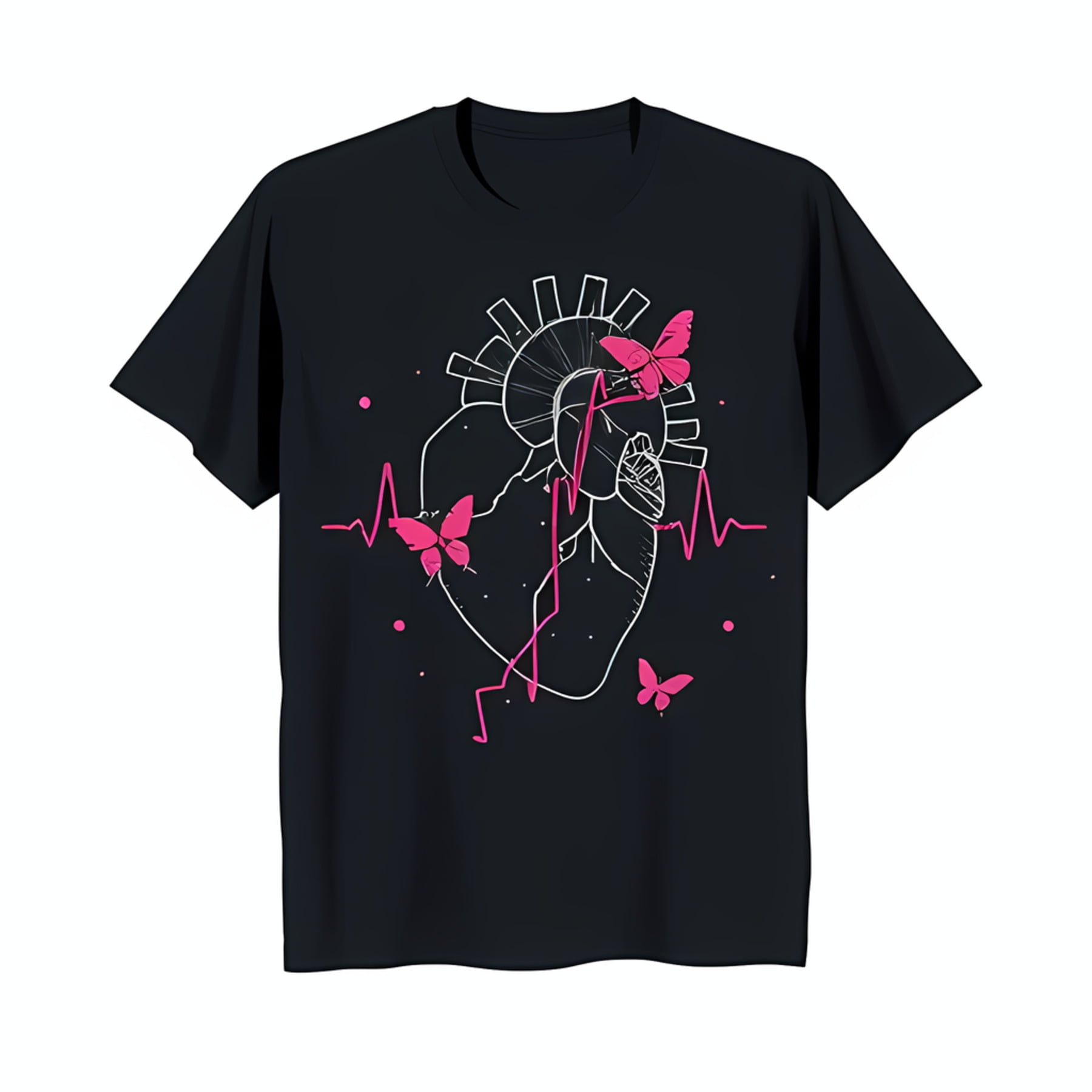 Black T-Shirt with White Human Heart Line Drawing & Pink Butterflies ...
