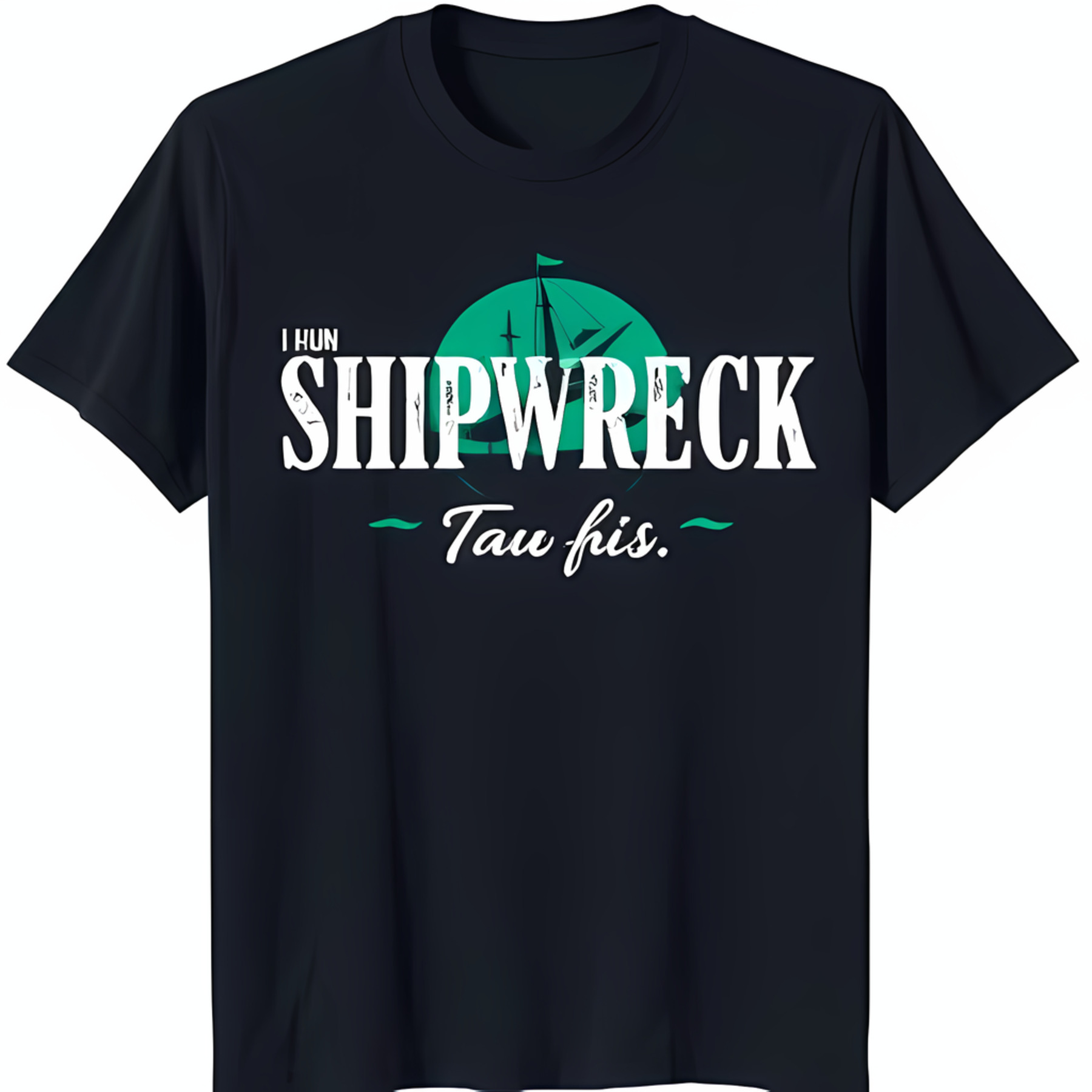 Black T-Shirt with White 'I HUN SHIPWRECK Tau fis' Design & Green ...