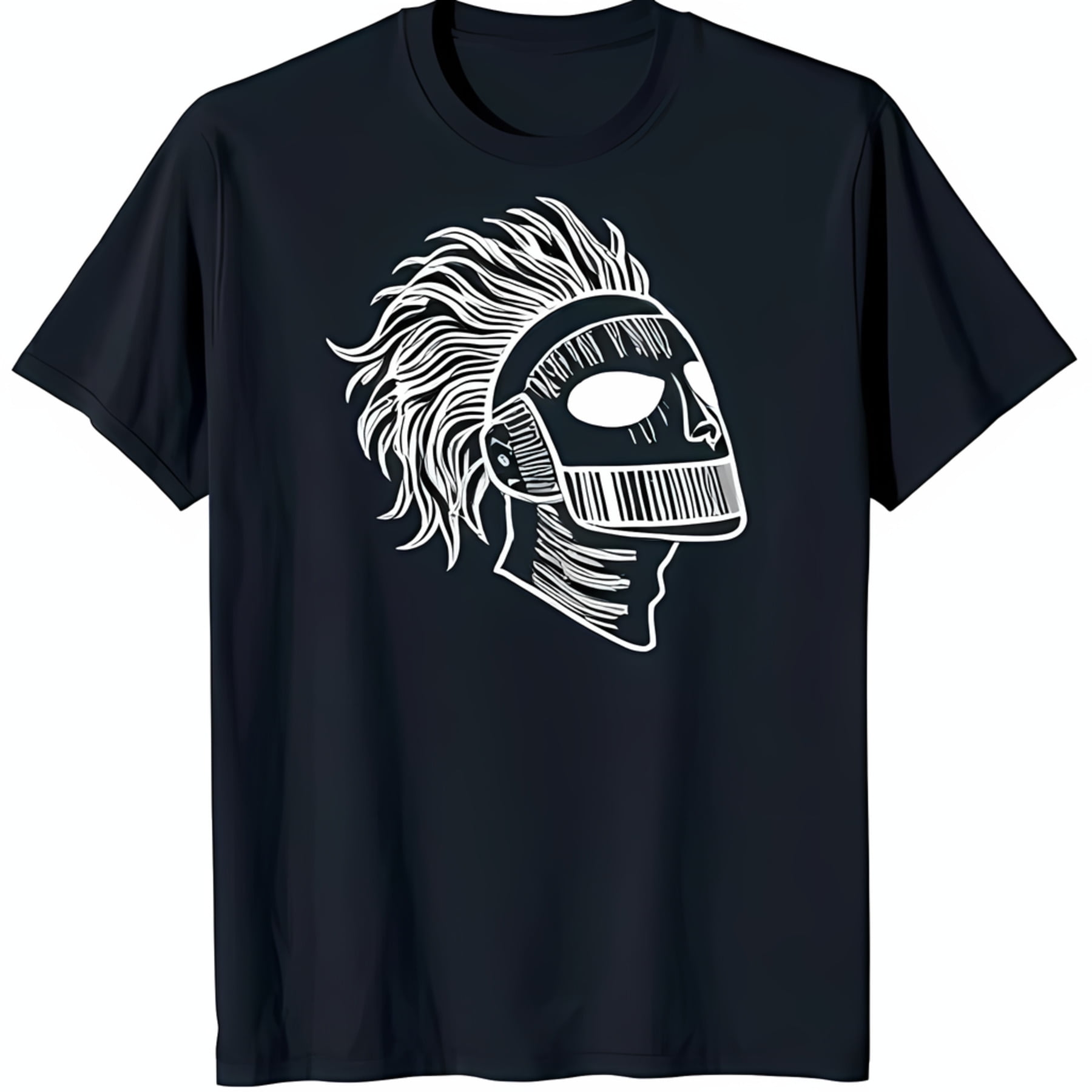 Black T-Shirt with White Illustration of Masked Person with Spiky Hair ...